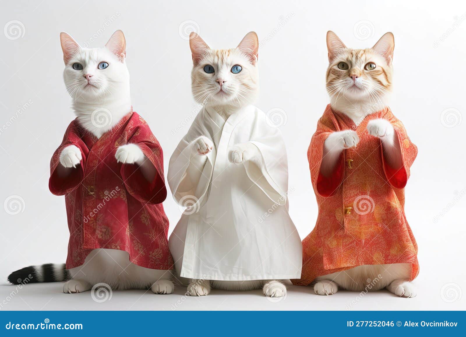 Feline Tai Chi Masters: Three Cats in Human Tunics Practicing on White ...