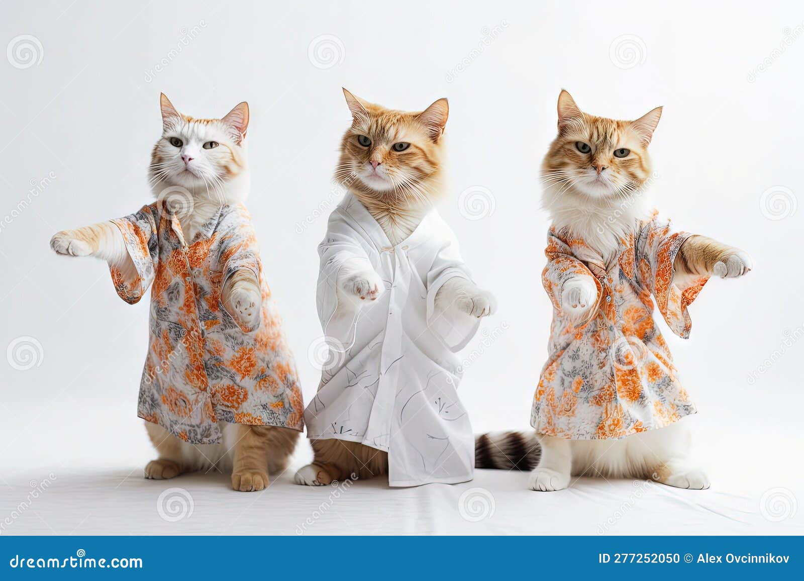 Feline Tai Chi Masters: Three Cats in Human Tunics Practicing on White ...