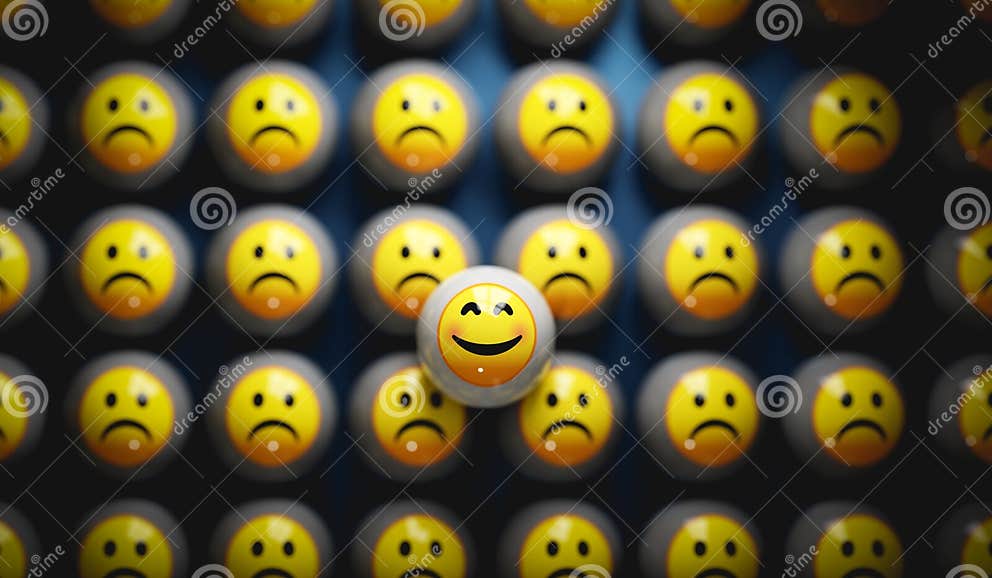 Feliz Cara De Emoji Sonriente Entre Los Tristes Rostros De Emoticonos ... Feliz Cara De Emoji Sonriente Entre Los Tristes Rostros De Emoticonos ...