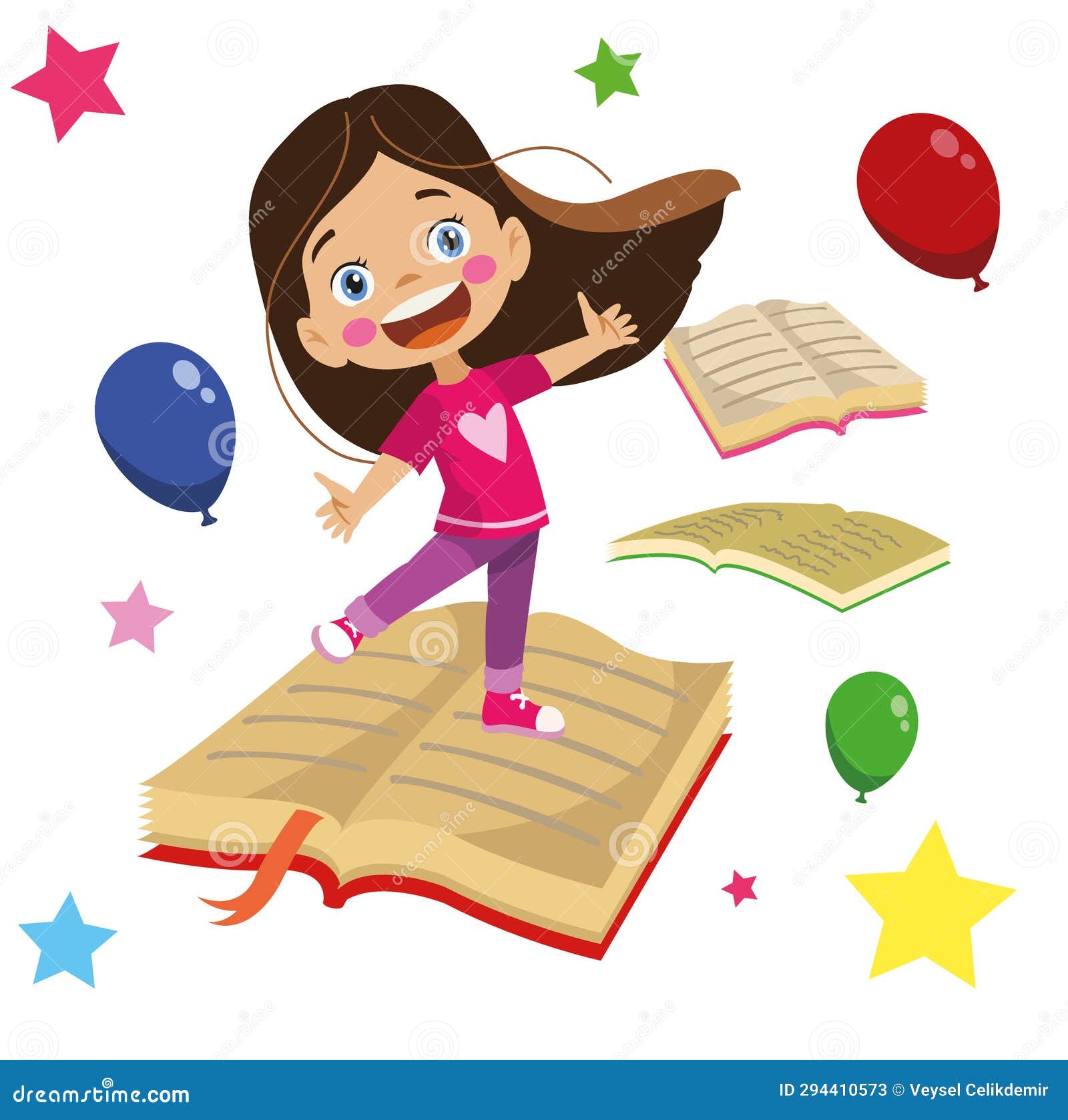Feliz Chica Linda Volando Con Libros Ilustración del Vector ...