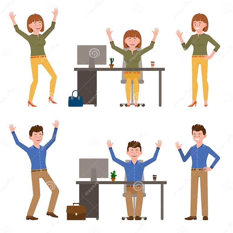 Feliz Sonriente Saltando Jovencito Y Mujer Ilustración Vectorial Detención Entrega El Juego