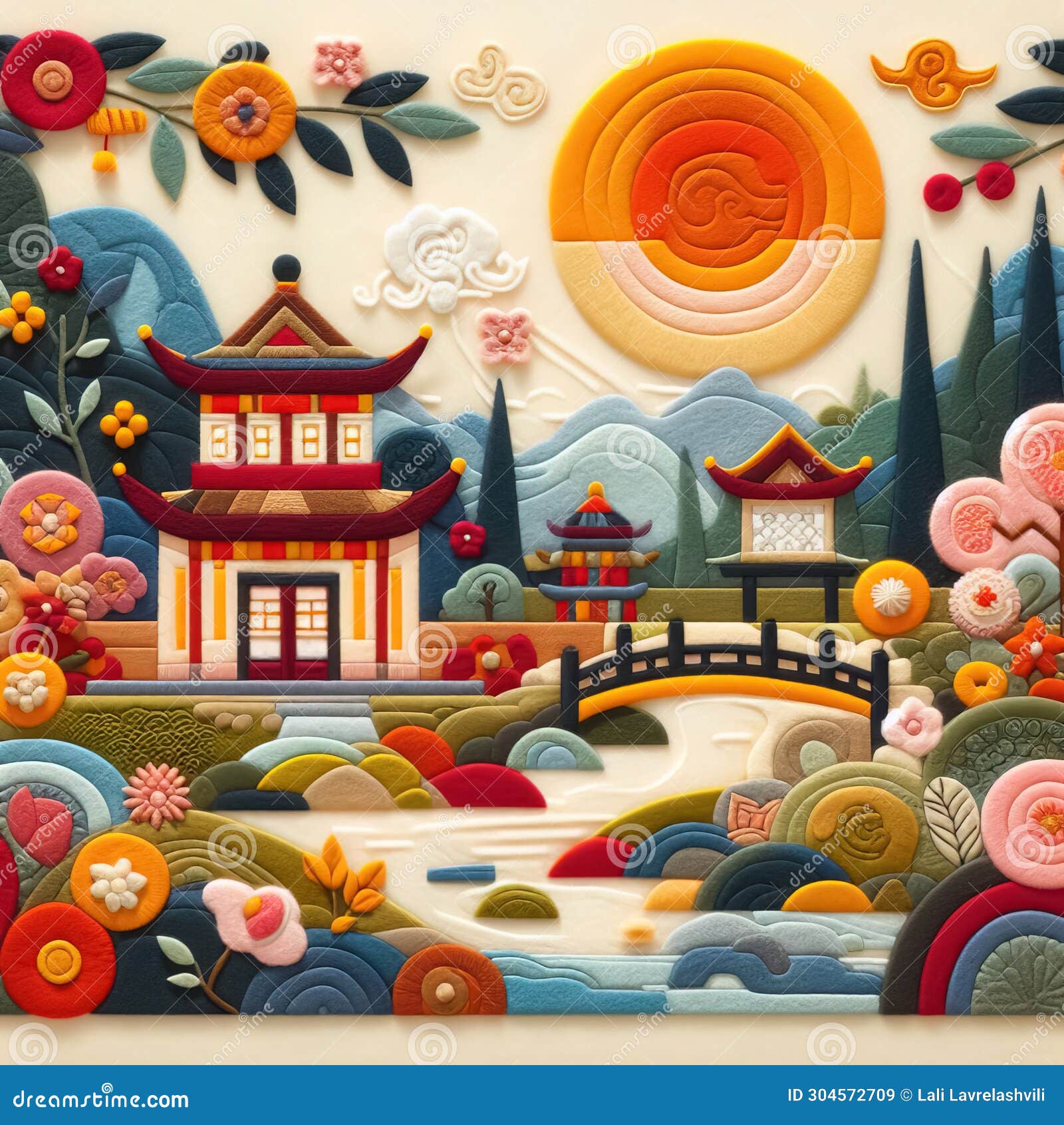 Felt Art Patchwork, Chinese Temple in the Garden, Generative AI Stock ...