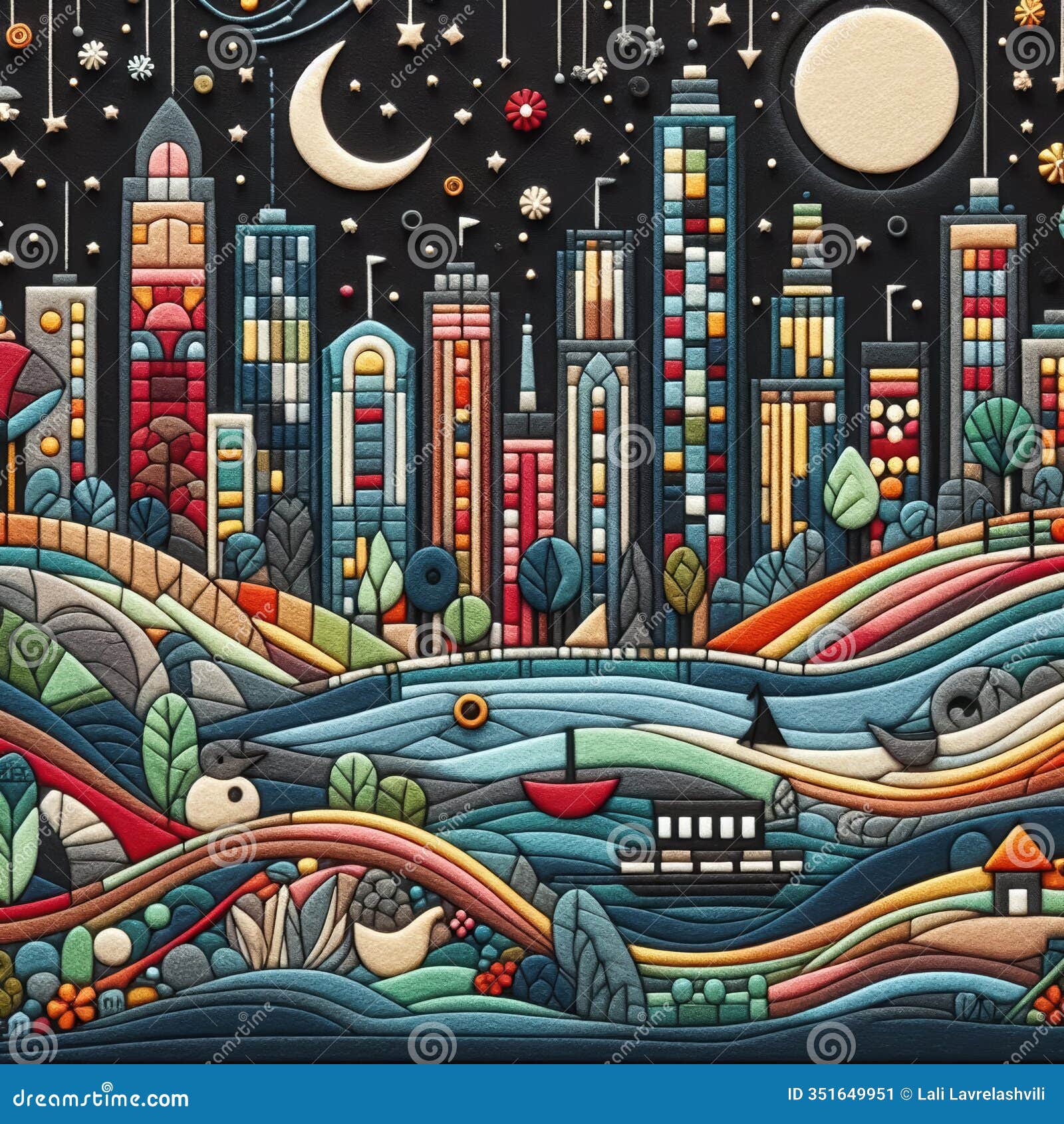 Felt Art Patchwork, City View at Night Stock Illustration ...