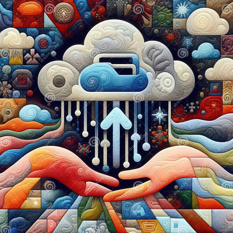 Felt Art Patchwork, Cloud Computing Concept, Showcasing File Upload and ...