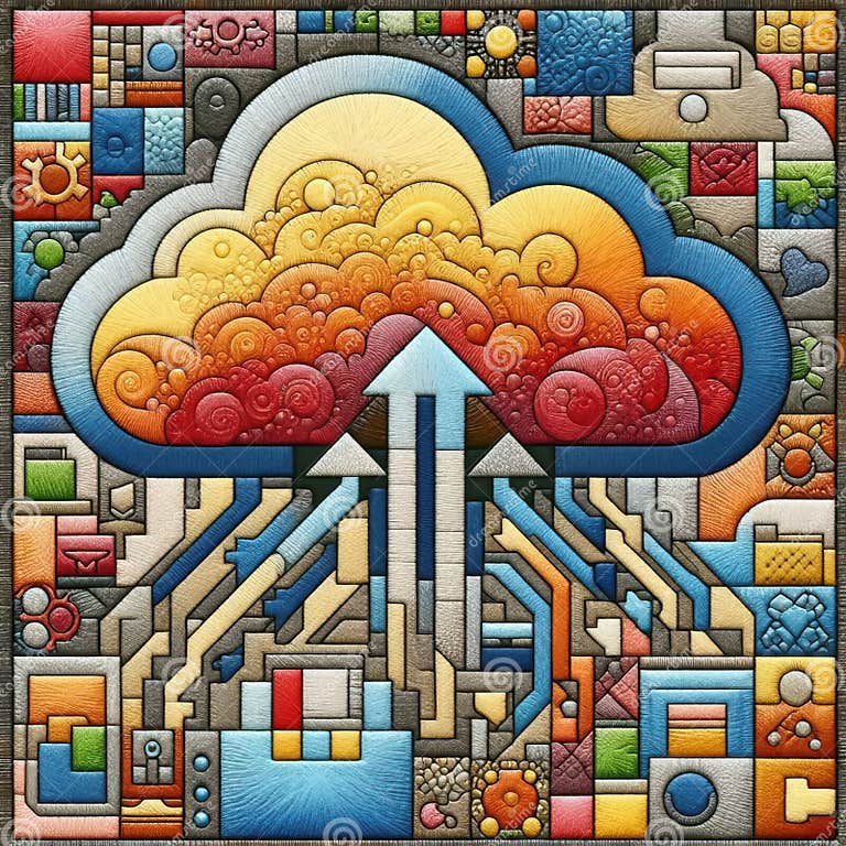 Felt Art Patchwork, Cloud Computing Concept, Showcasing File Upload and ...