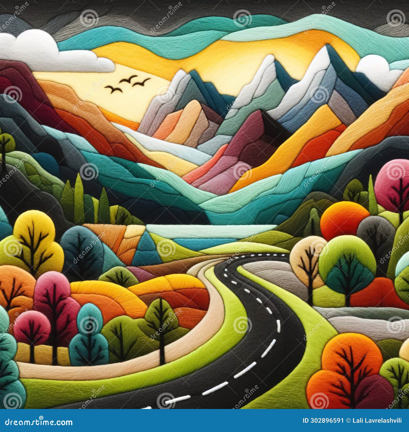 Felt Art Patchwork, Landscape of Beautiful Road in Mountains ...