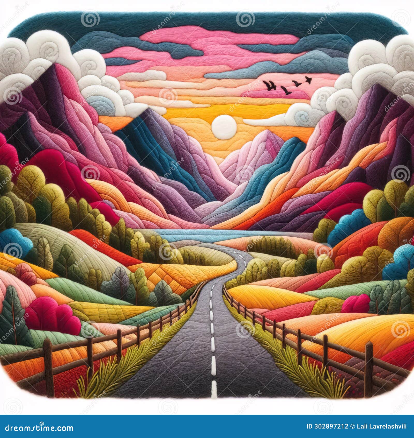 Felt Art Patchwork, Landscape of Beautiful Road in Mountains, Generative AI Stock Illustration ...