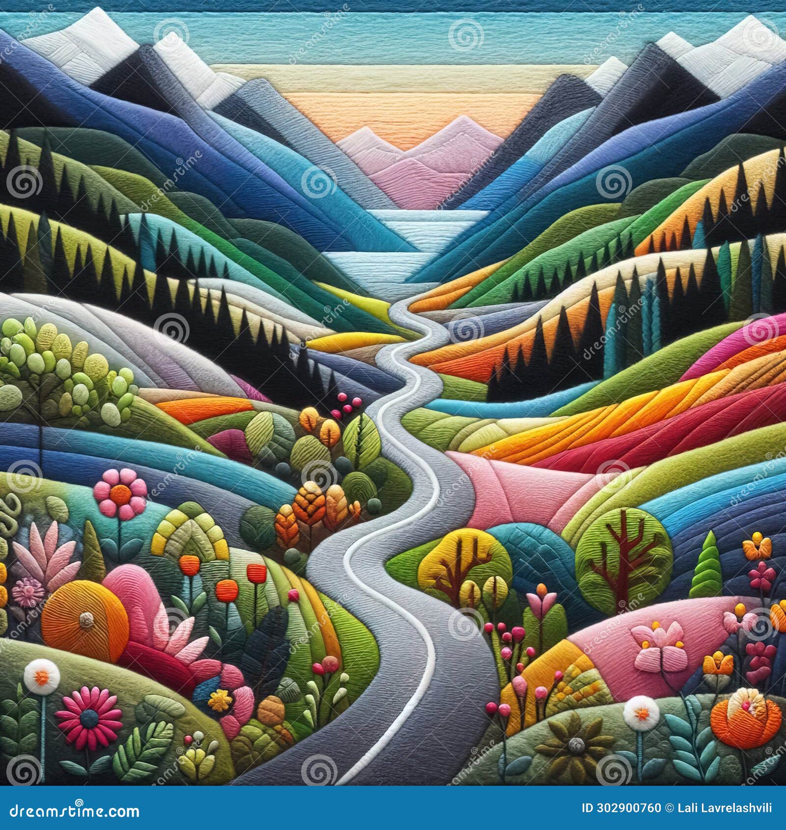 Felt Art Patchwork, Landscape of Beautiful Road in Mountains ...