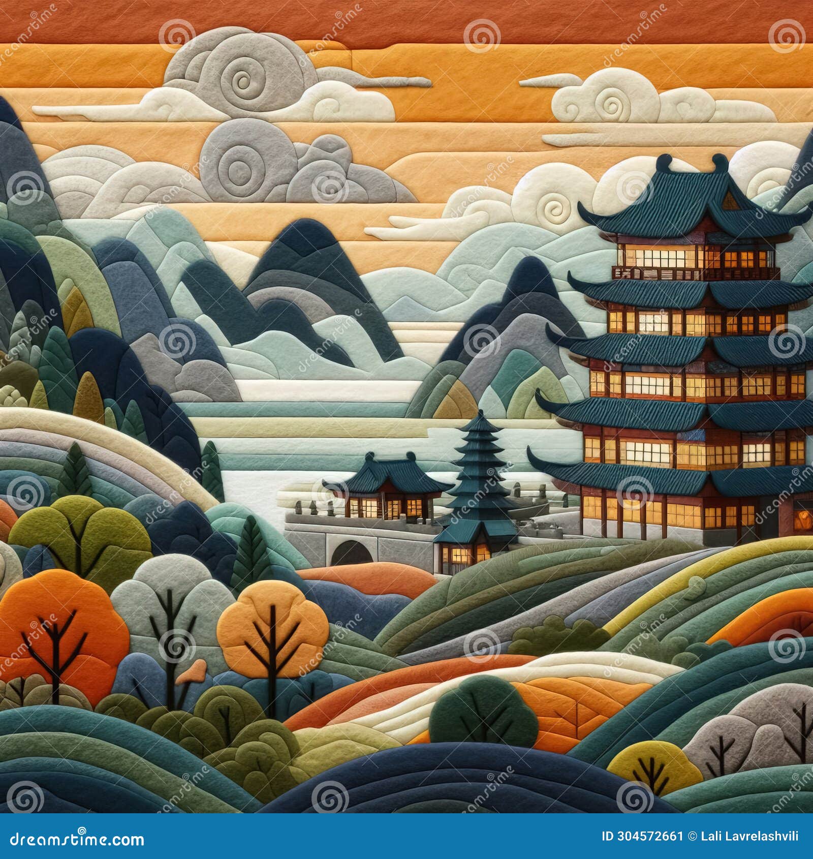 Felt Art Patchwork, Mountains Host Chinese Ancient Architecture ...