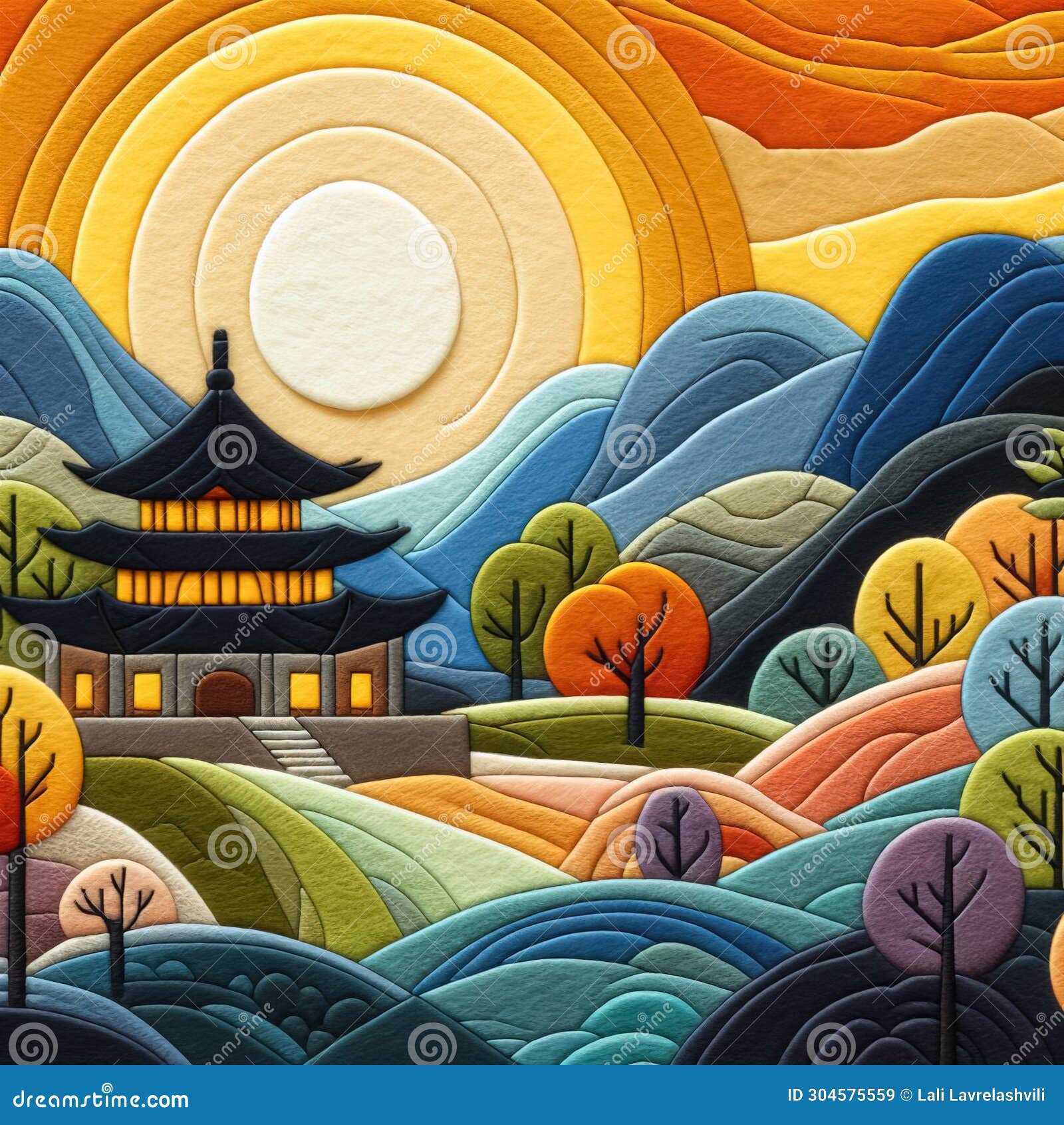 Felt Art Patchwork, Mountains Host Chinese Ancient Architecture ...