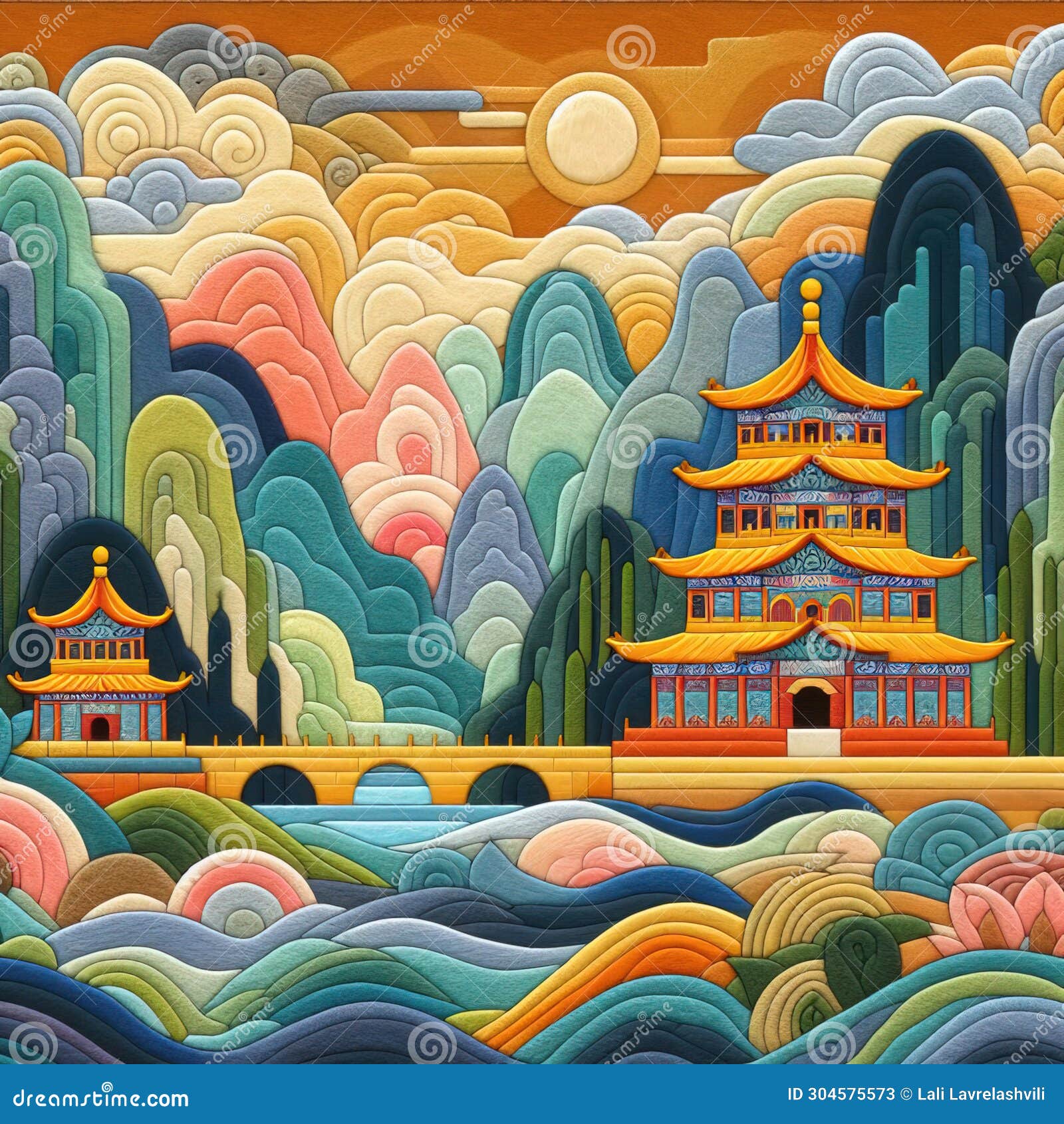 Felt Art Patchwork, Mountains Host Chinese Ancient Architecture ...
