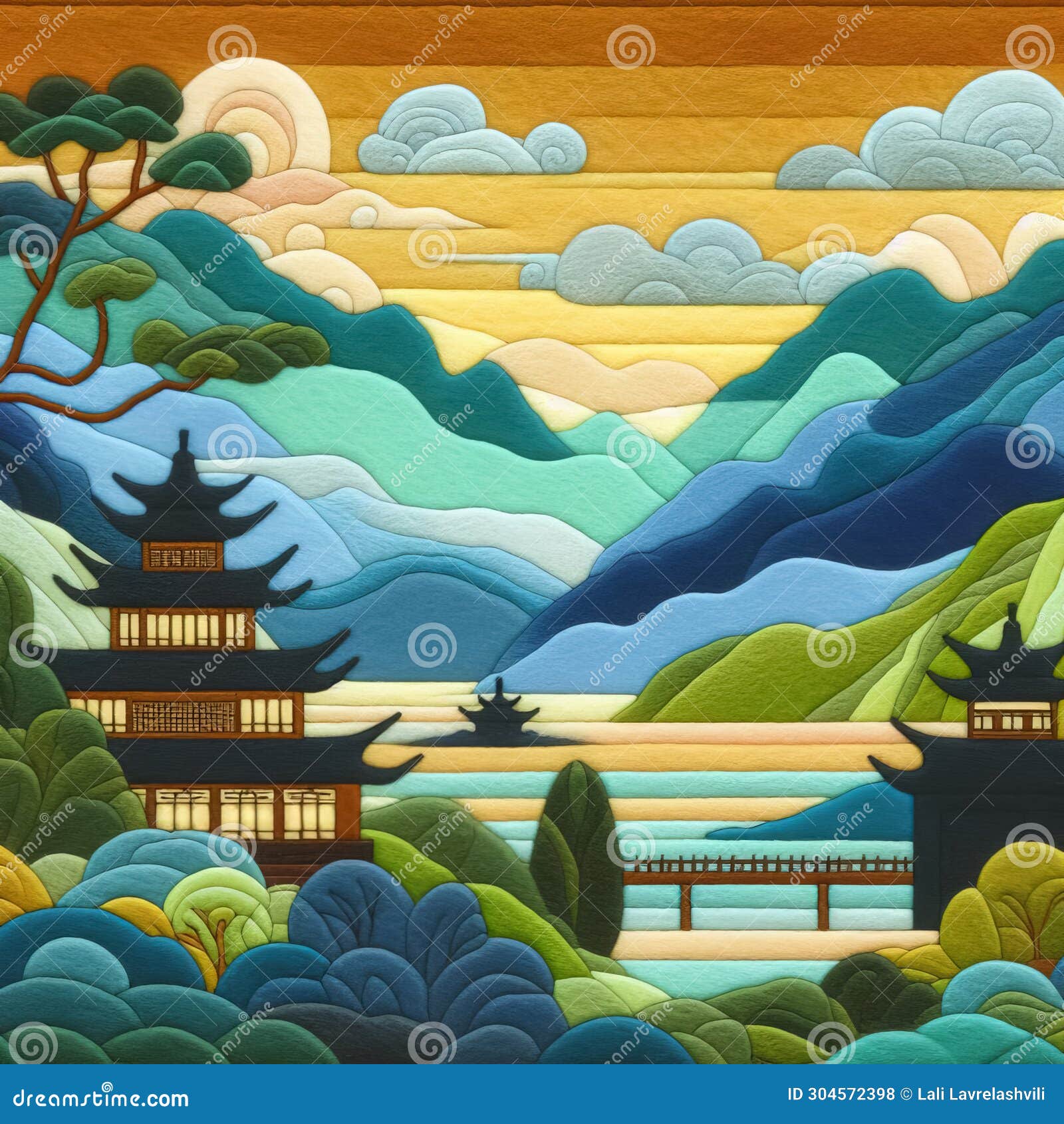Felt Art Patchwork, Mountains Host Chinese Ancient Architecture ...