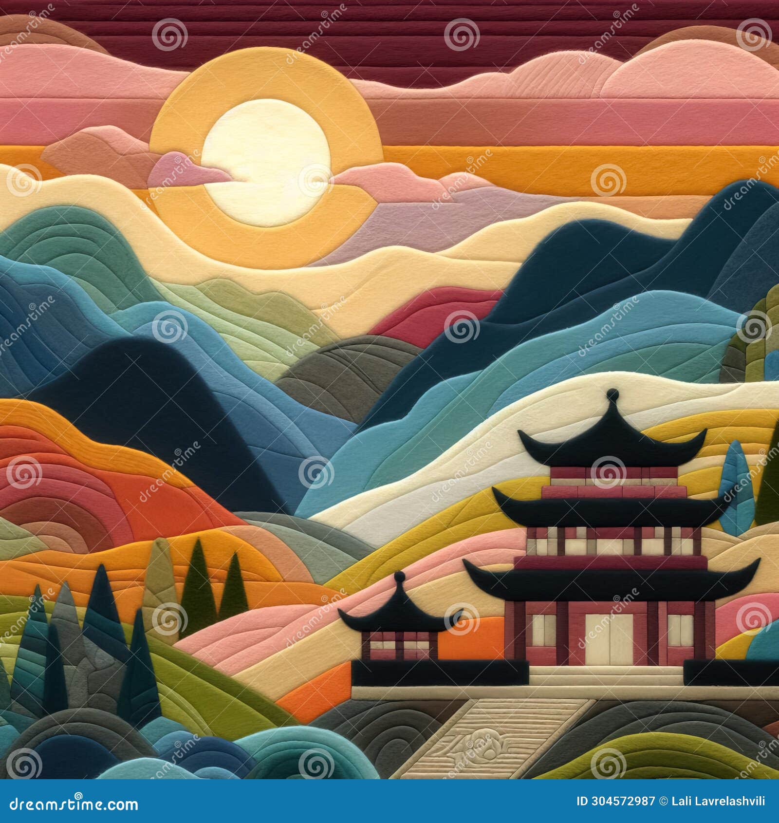 Felt Art Patchwork, Mountains Host Chinese Ancient Architecture ...