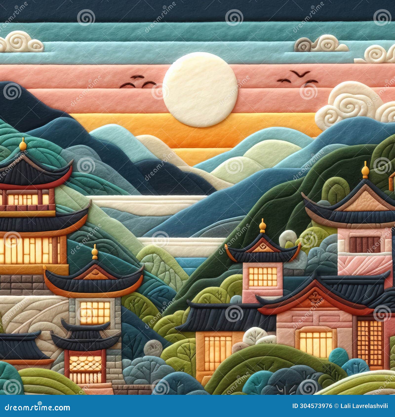 Felt Art Patchwork, Mountains Host Chinese Ancient Architecture ...