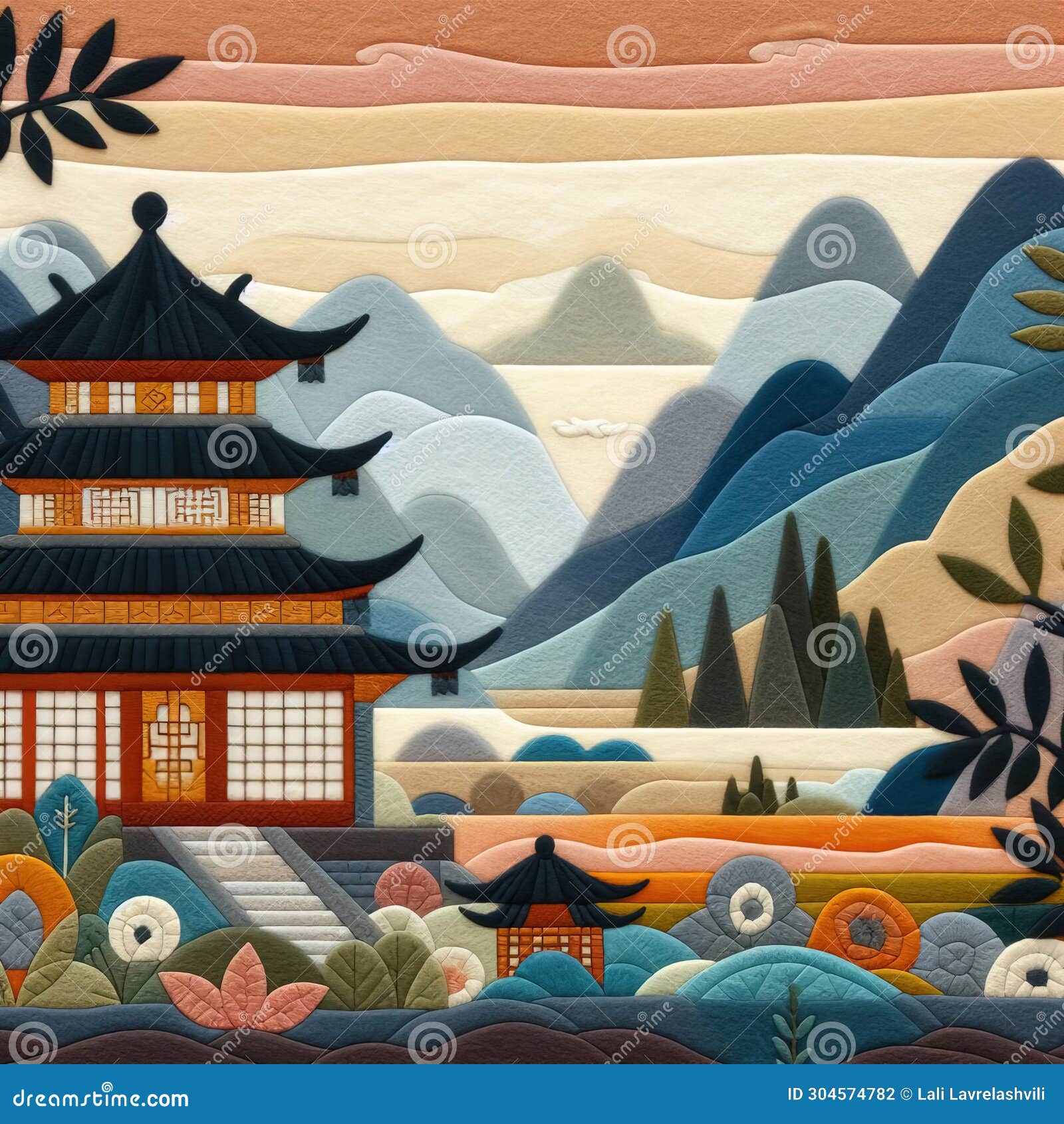 Felt Art Patchwork, Mountains Host Chinese Ancient Architecture ...