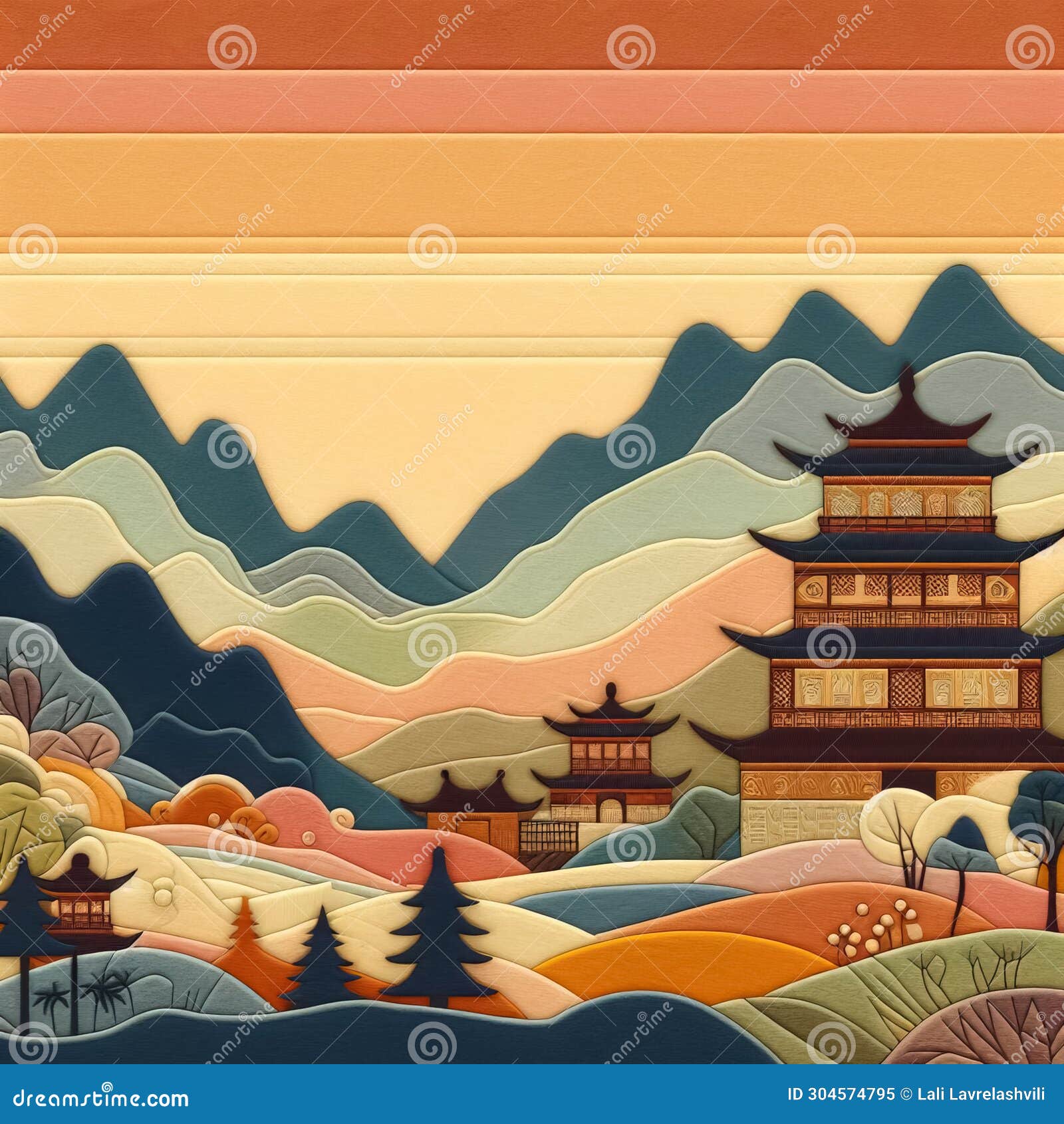 Felt Art Patchwork, Mountains Host Chinese Ancient Architecture ...