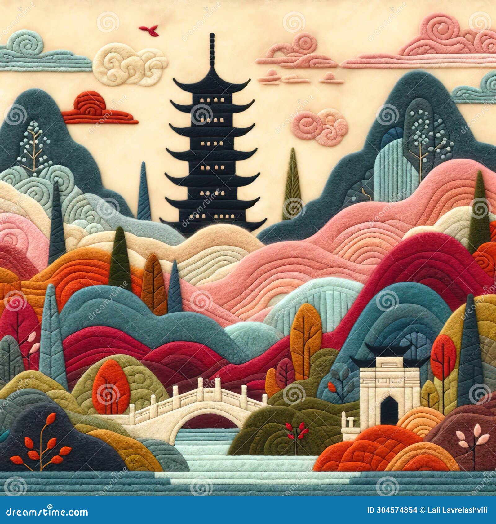 Felt Art Patchwork, Mountains Host Chinese Ancient Architecture ...