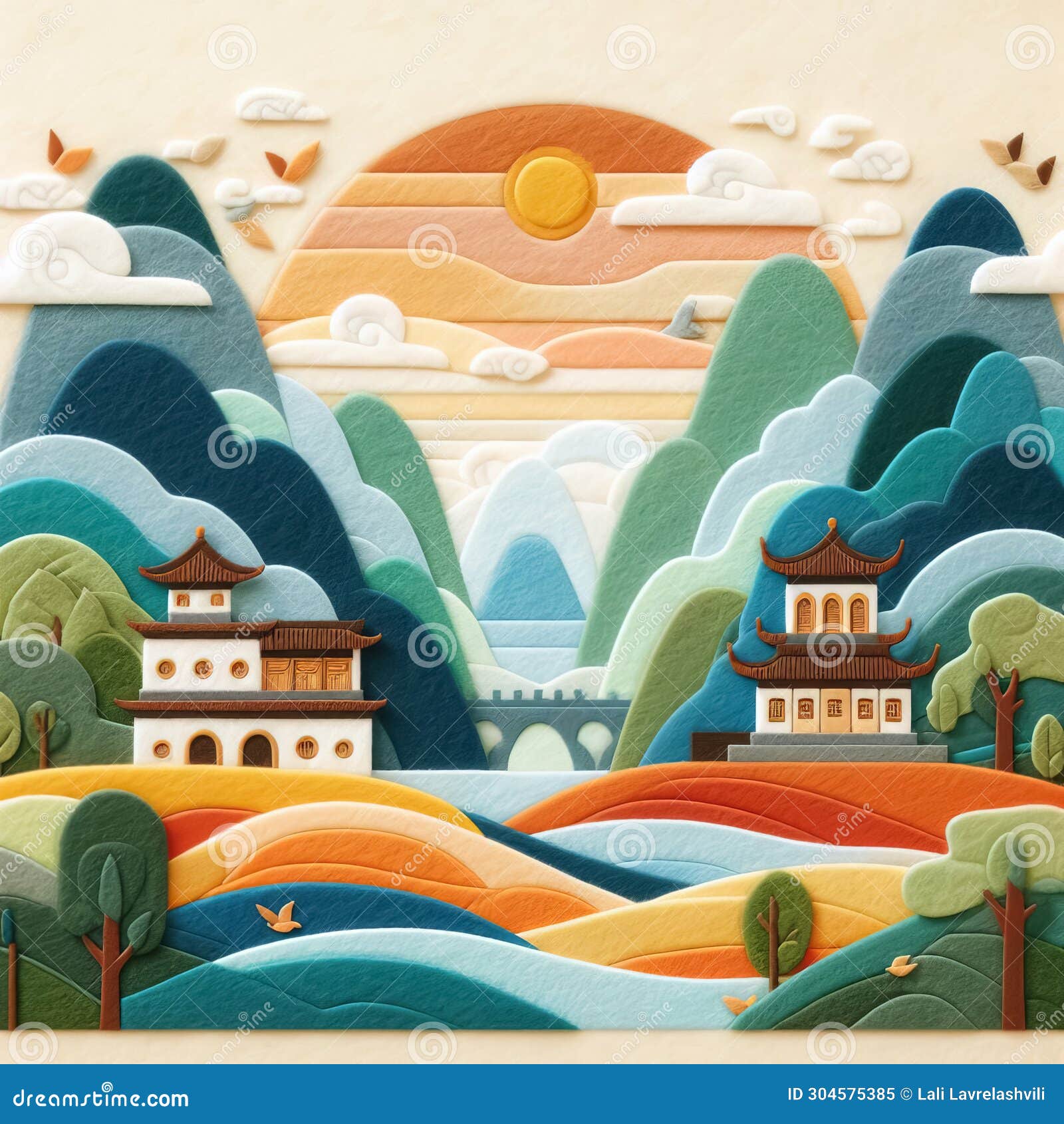 Felt Art Patchwork, Mountains Host Chinese Ancient Architecture ...