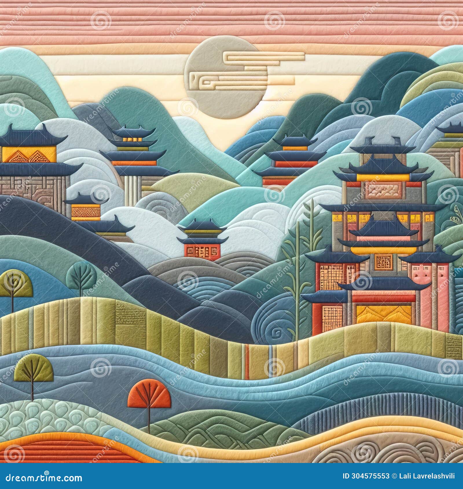 Felt Art Patchwork, Mountains Host Chinese Ancient Architecture ...