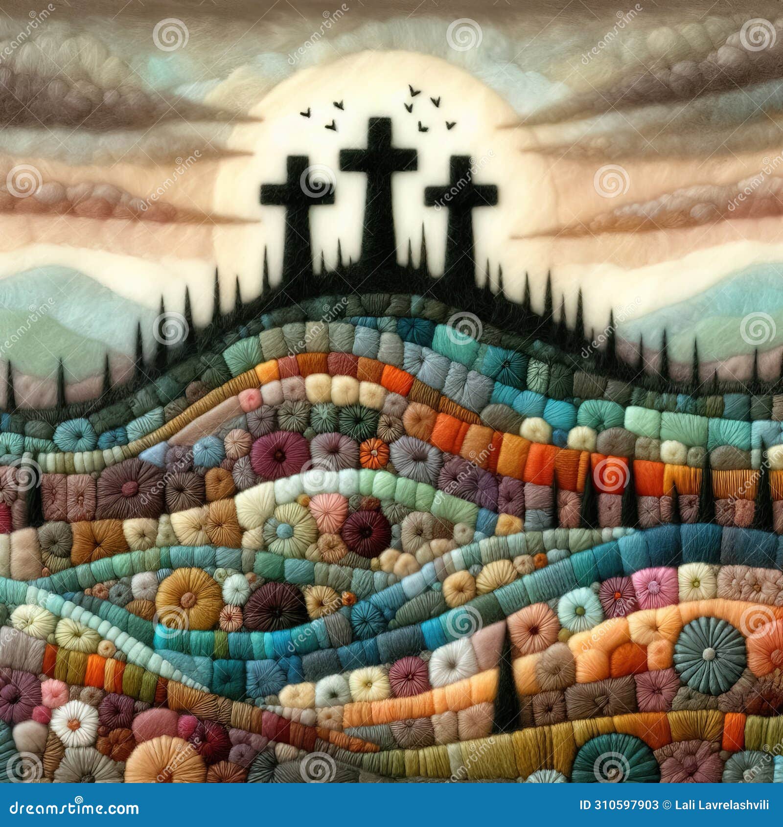 Felt Art Patchwork, Three Crosses on Top of the Hill in the Mist Stock ...