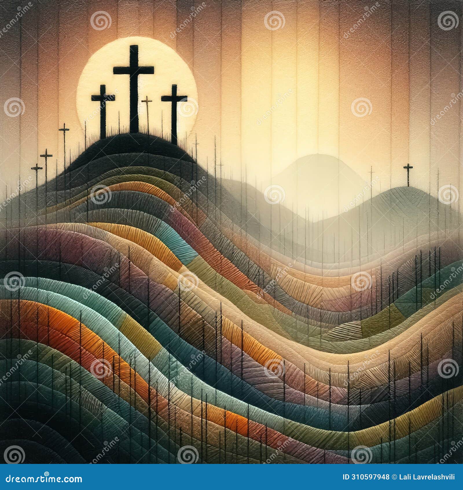 Felt Art Patchwork, Three Crosses on Top of the Hill in the Mist Stock ...