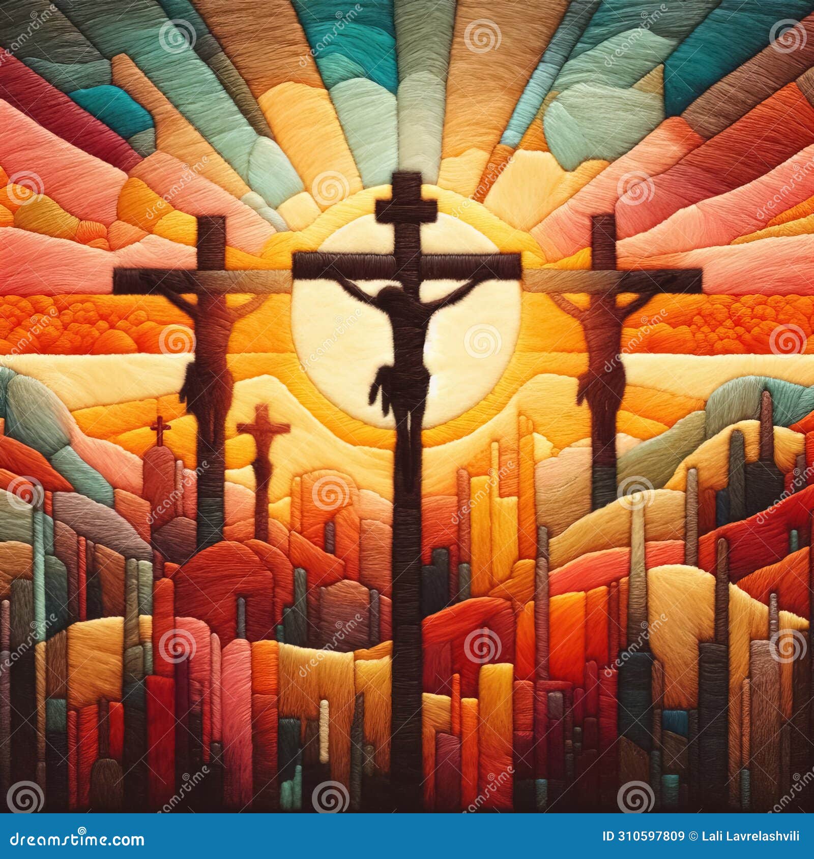 Felt Art Patchwork, View on the Three Crosses on Golgotha at Sunrise ...