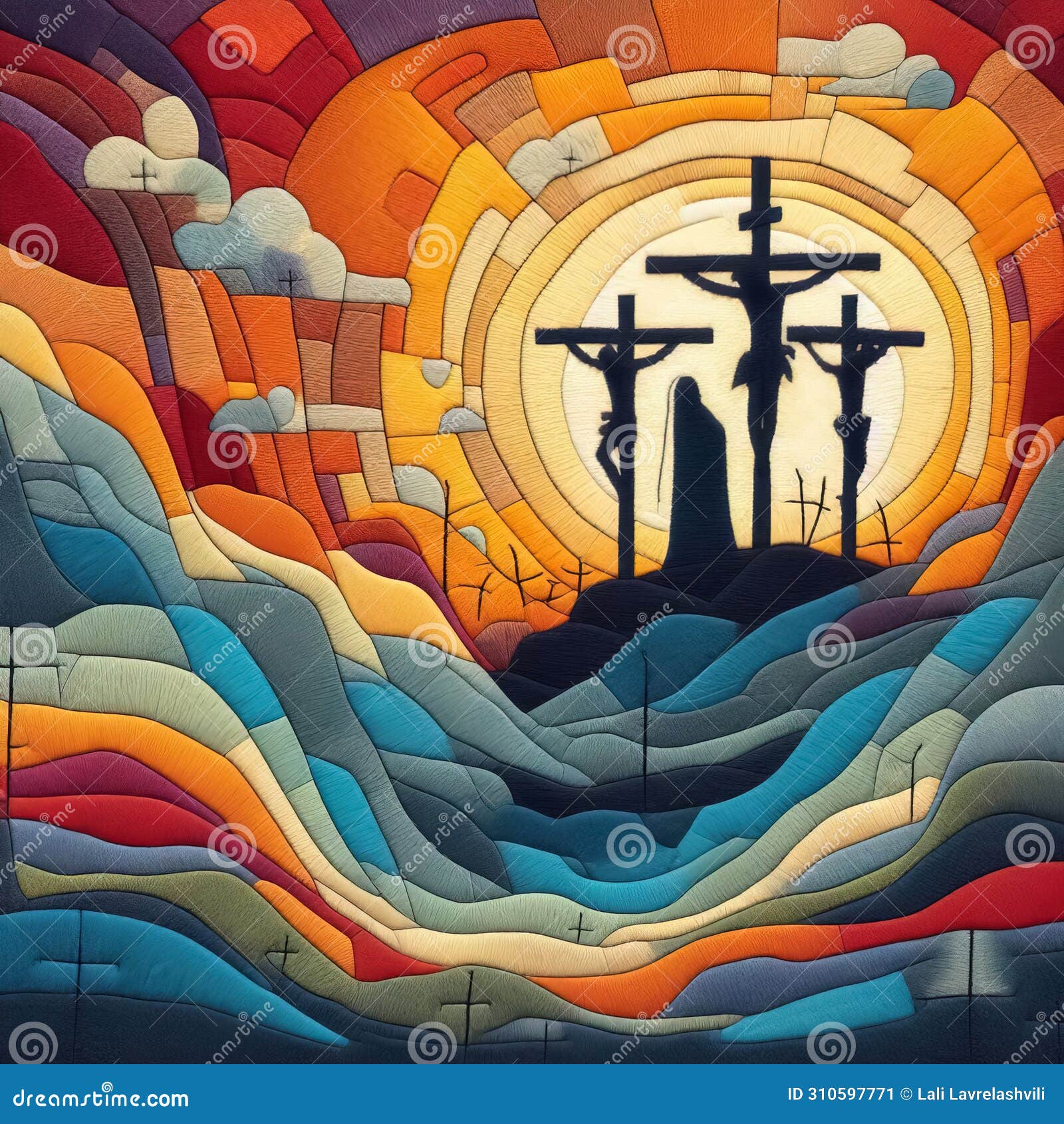 Felt Art Patchwork, View on the Three Crosses on Golgotha at Sunrise ...