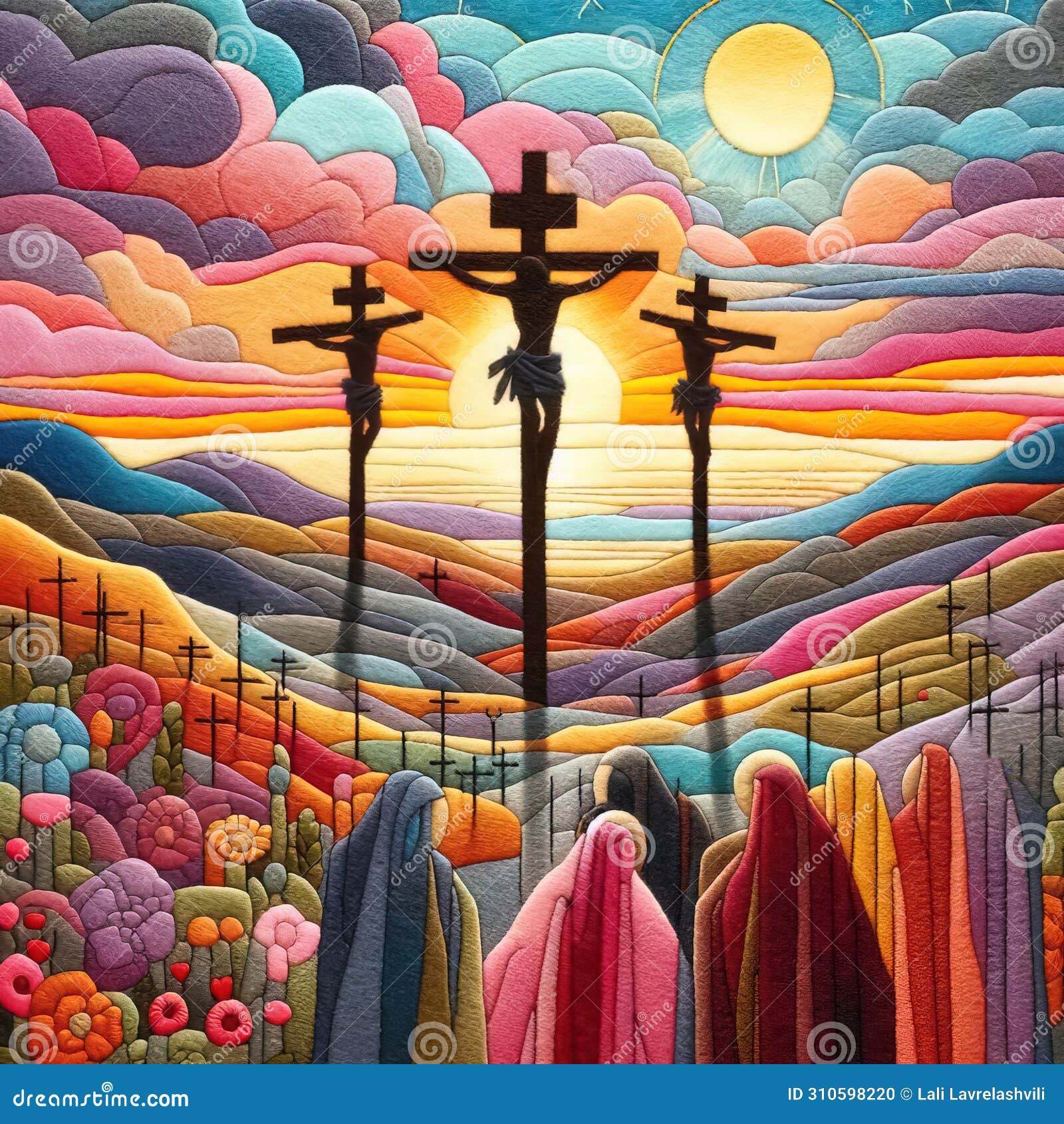 Felt Art Patchwork, View on the Three Crosses on Golgotha at Sunrise ...