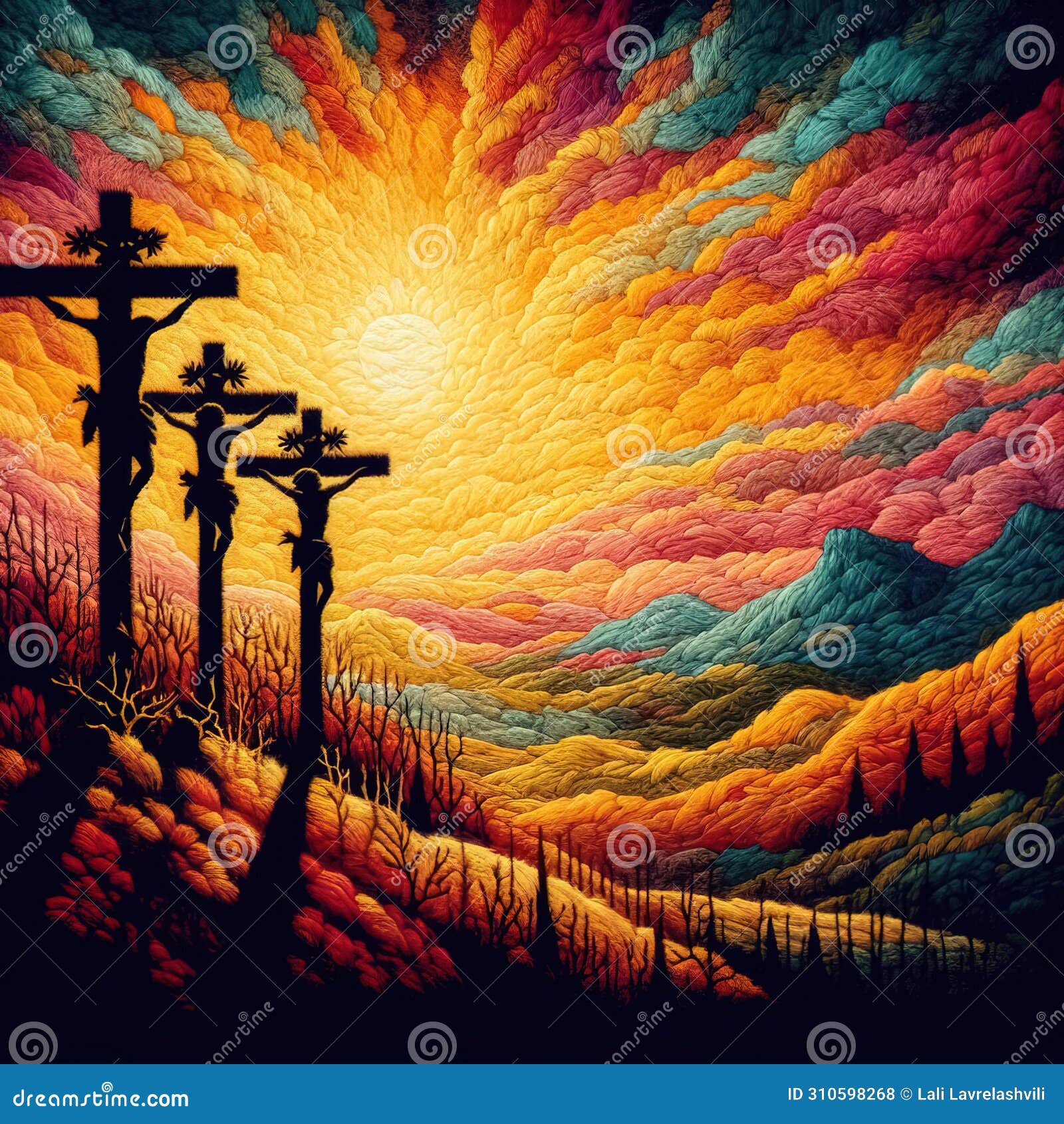 Felt Art Patchwork, View on the Three Crosses on Golgotha at Sunrise ...