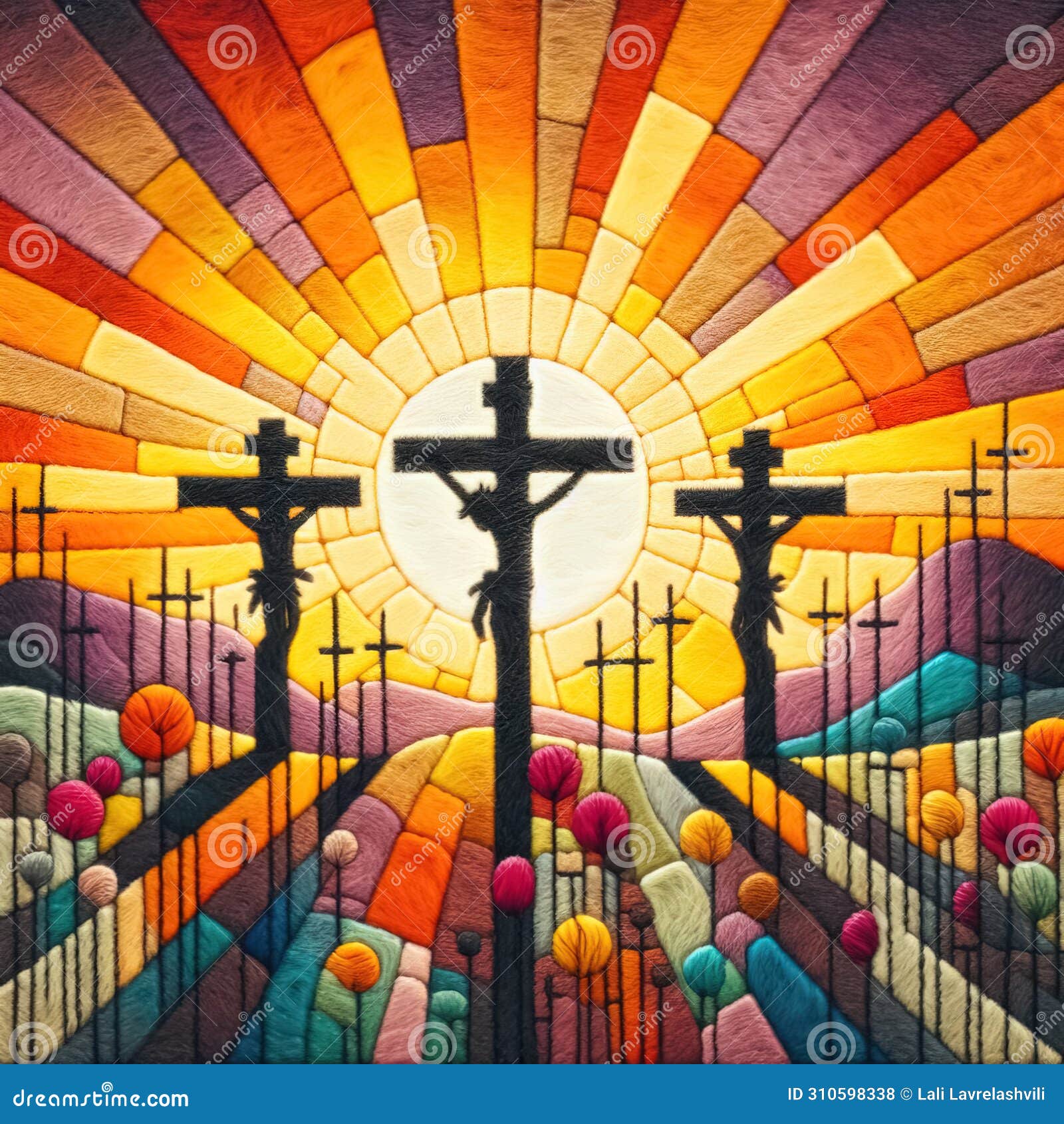 Felt Art Patchwork, View on the Three Crosses on Golgotha at Sunrise ...