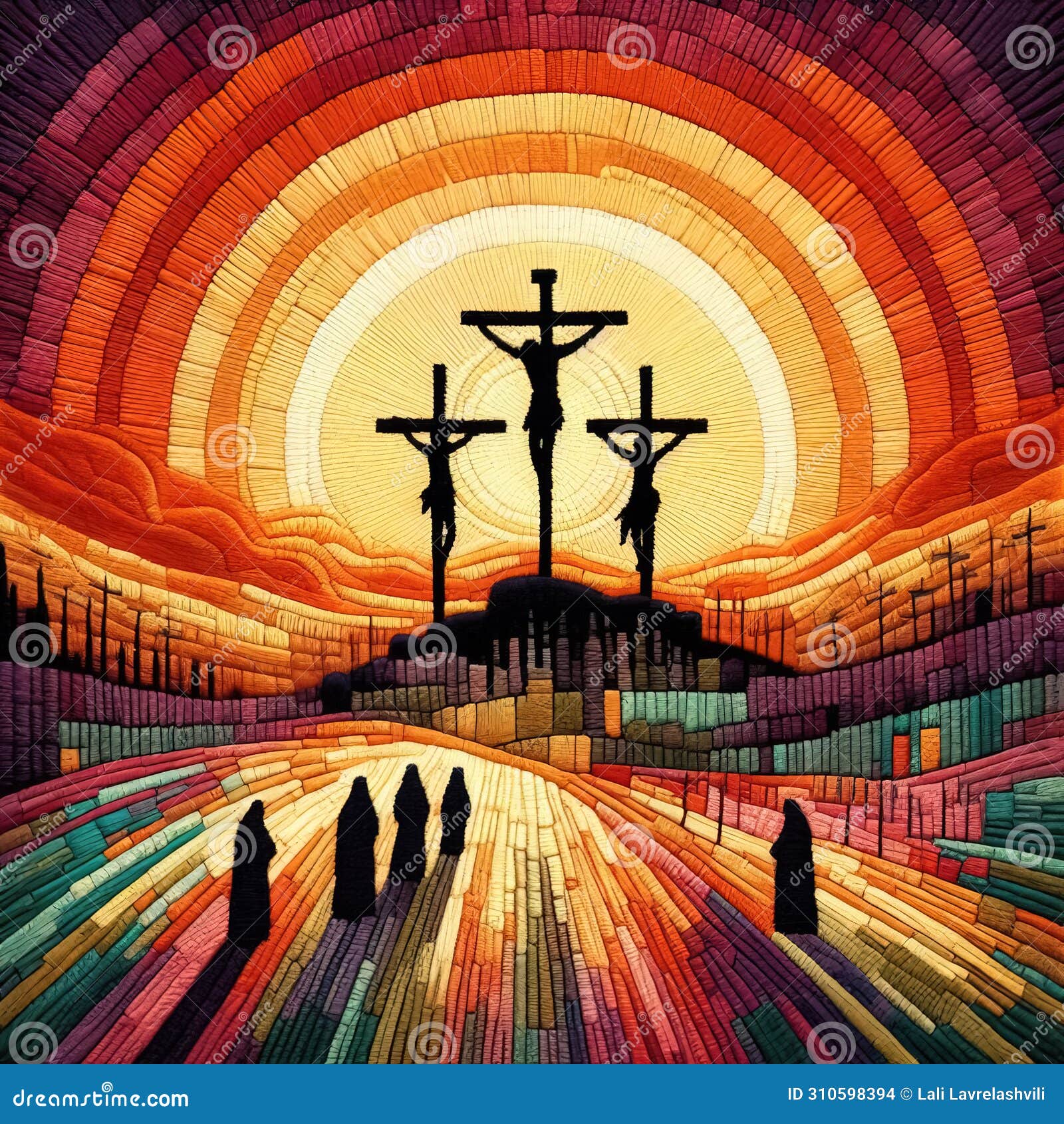 Felt Art Patchwork, View on the Three Crosses on Golgotha at Sunrise ...