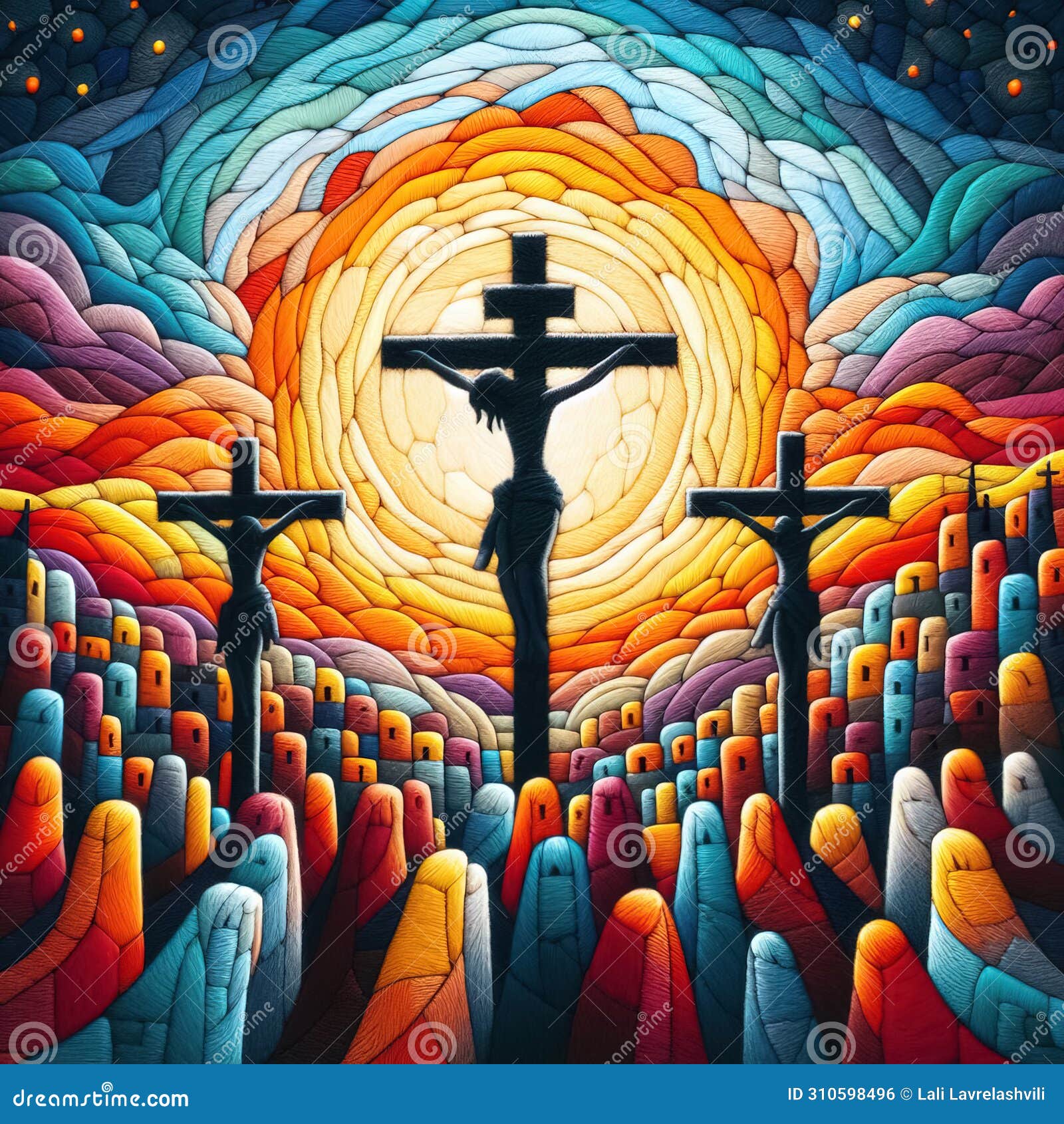 Felt Art Patchwork, View on the Three Crosses on Golgotha at Sunrise ...