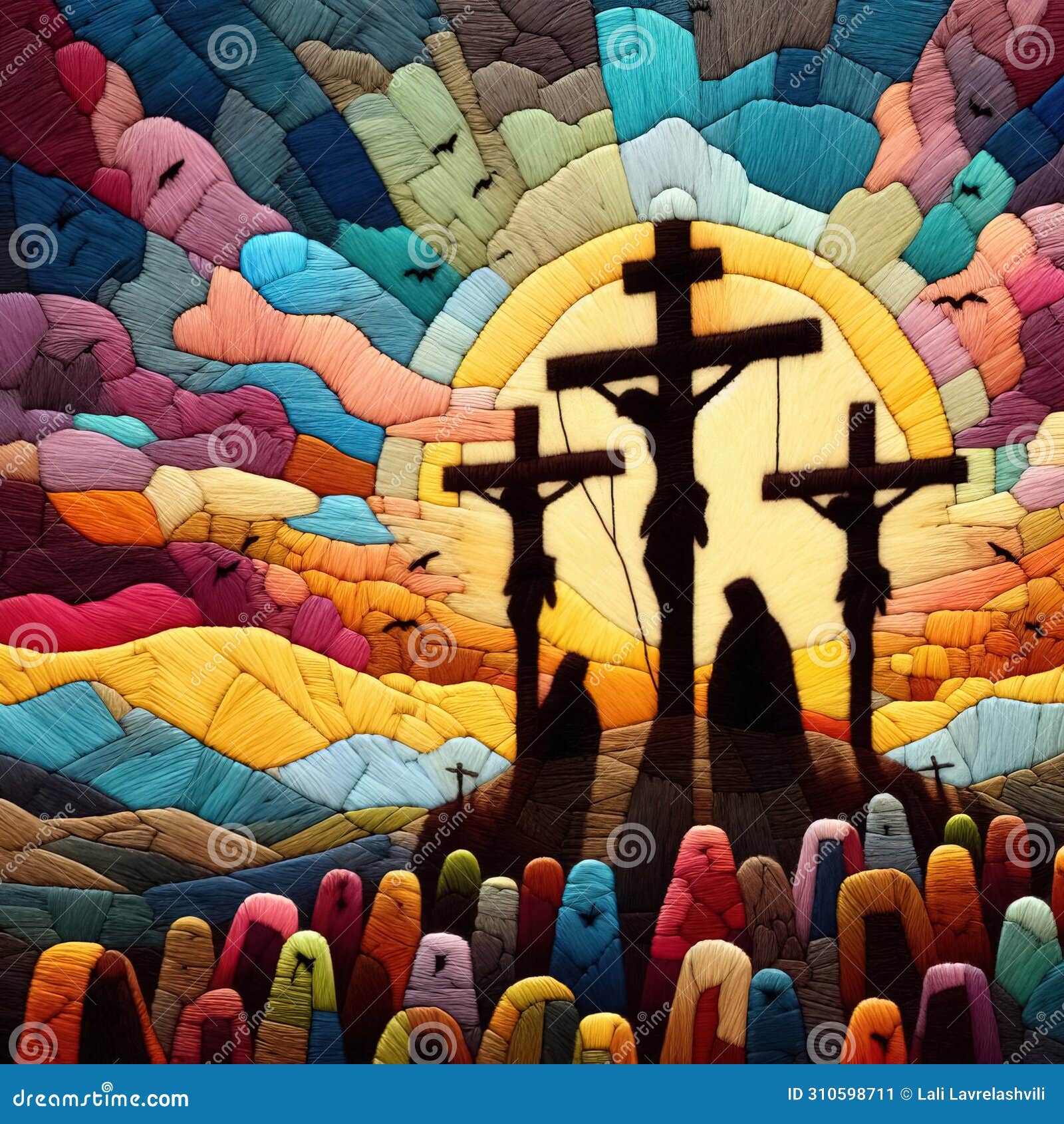 Felt Art Patchwork, View on the Three Crosses on Golgotha at Sunrise ...