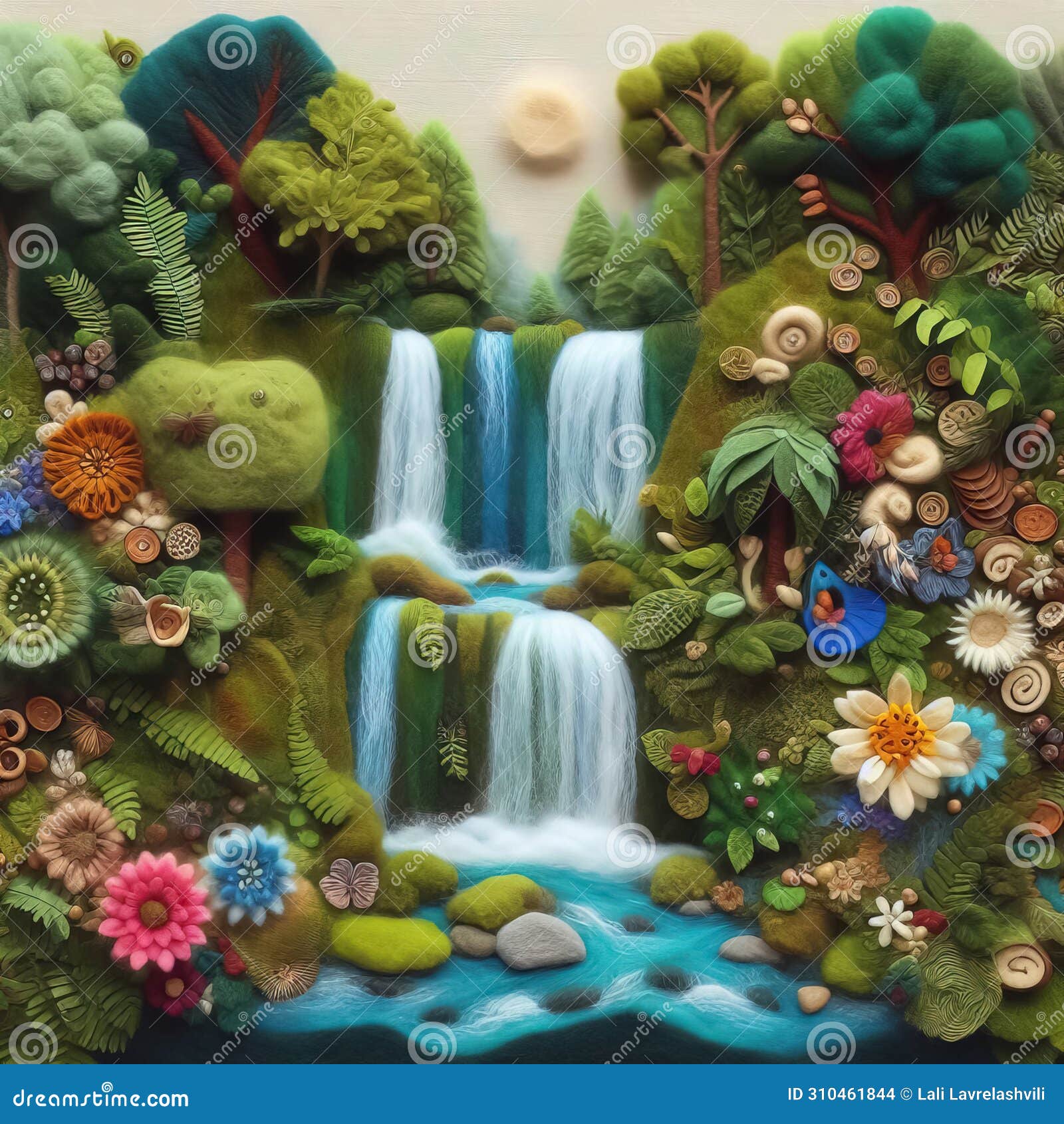 Felt Art Patchwork, Waterfall Surrounded by Lush Vegetation Stock ...