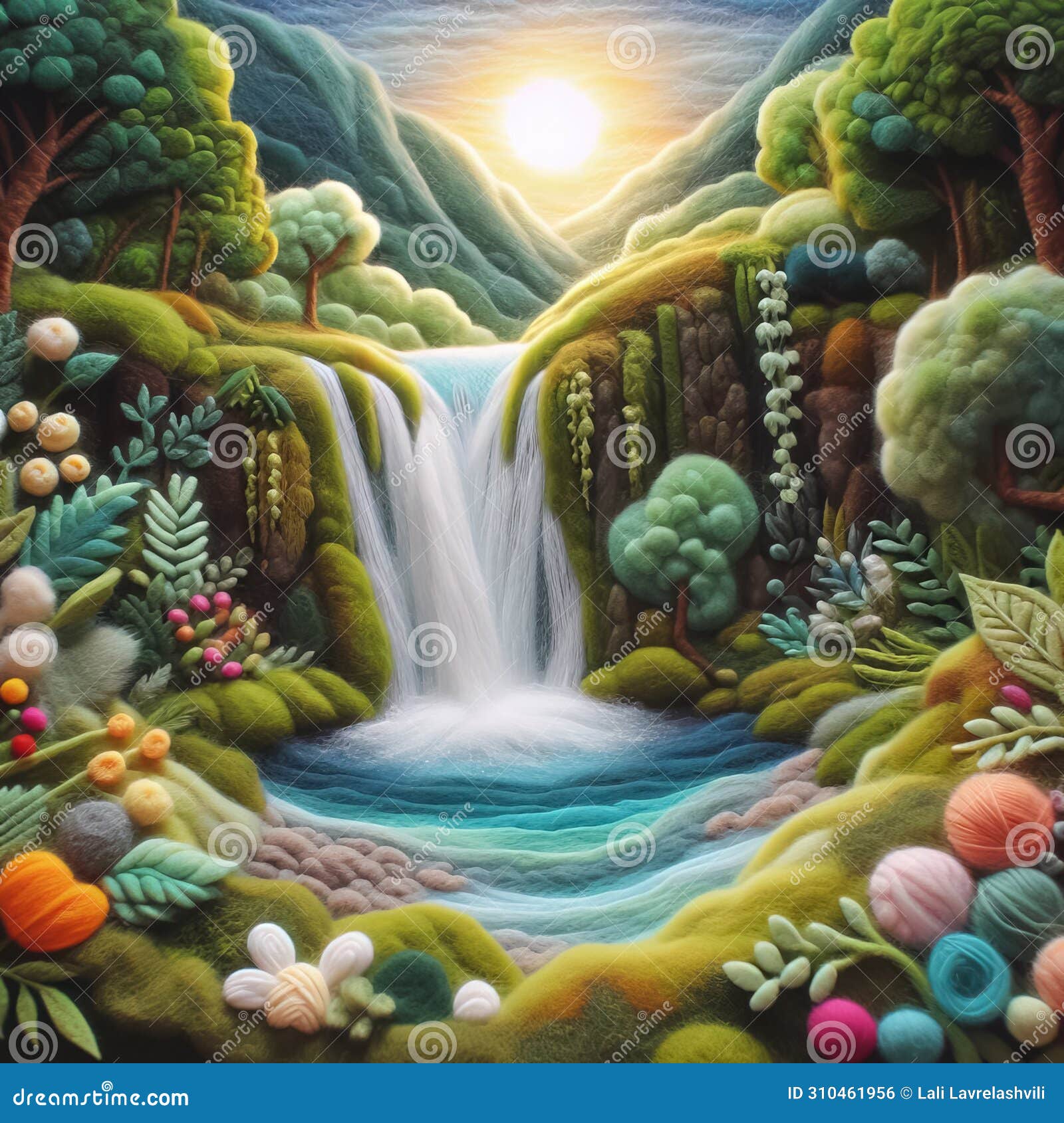 Felt Art Patchwork, Waterfall Surrounded by Lush Vegetation Stock ...