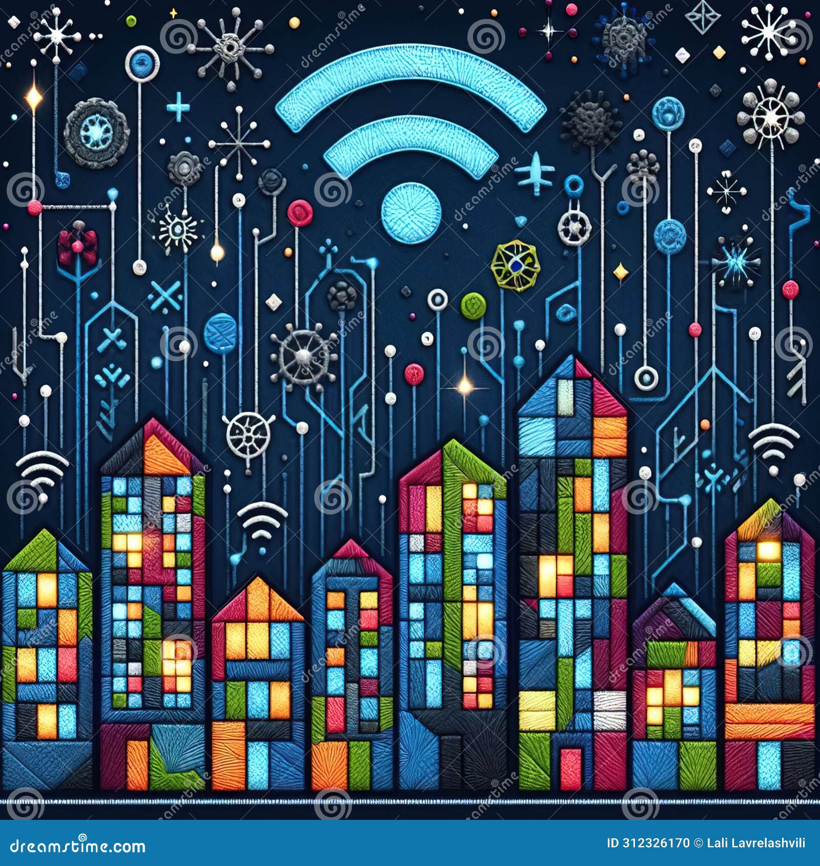 Felt Art Patchwork, Wi-Fi Smart City or Network, Building Automation ...