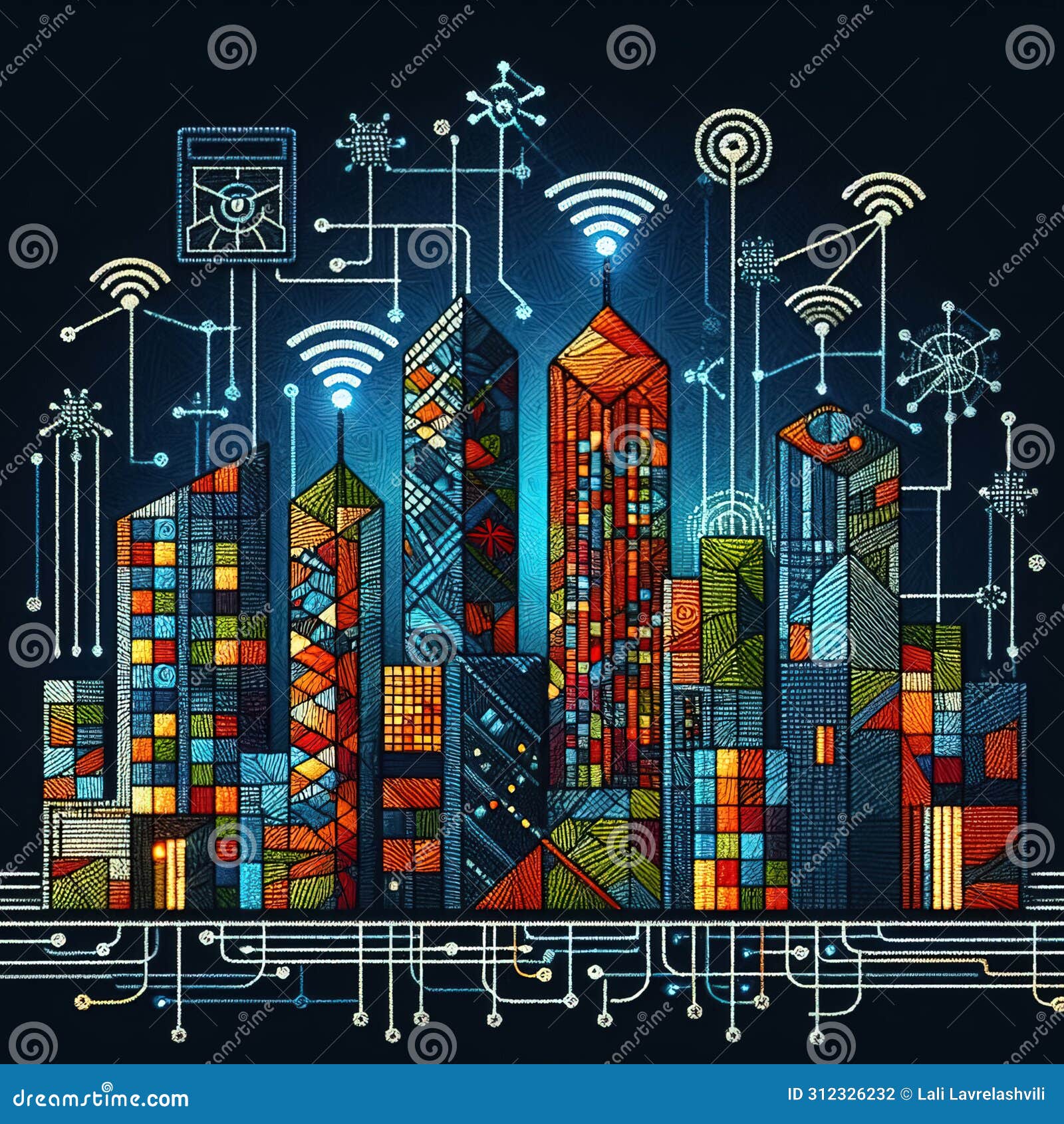 Felt Art Patchwork, Wi-Fi Smart City or Network, Building Automation ...