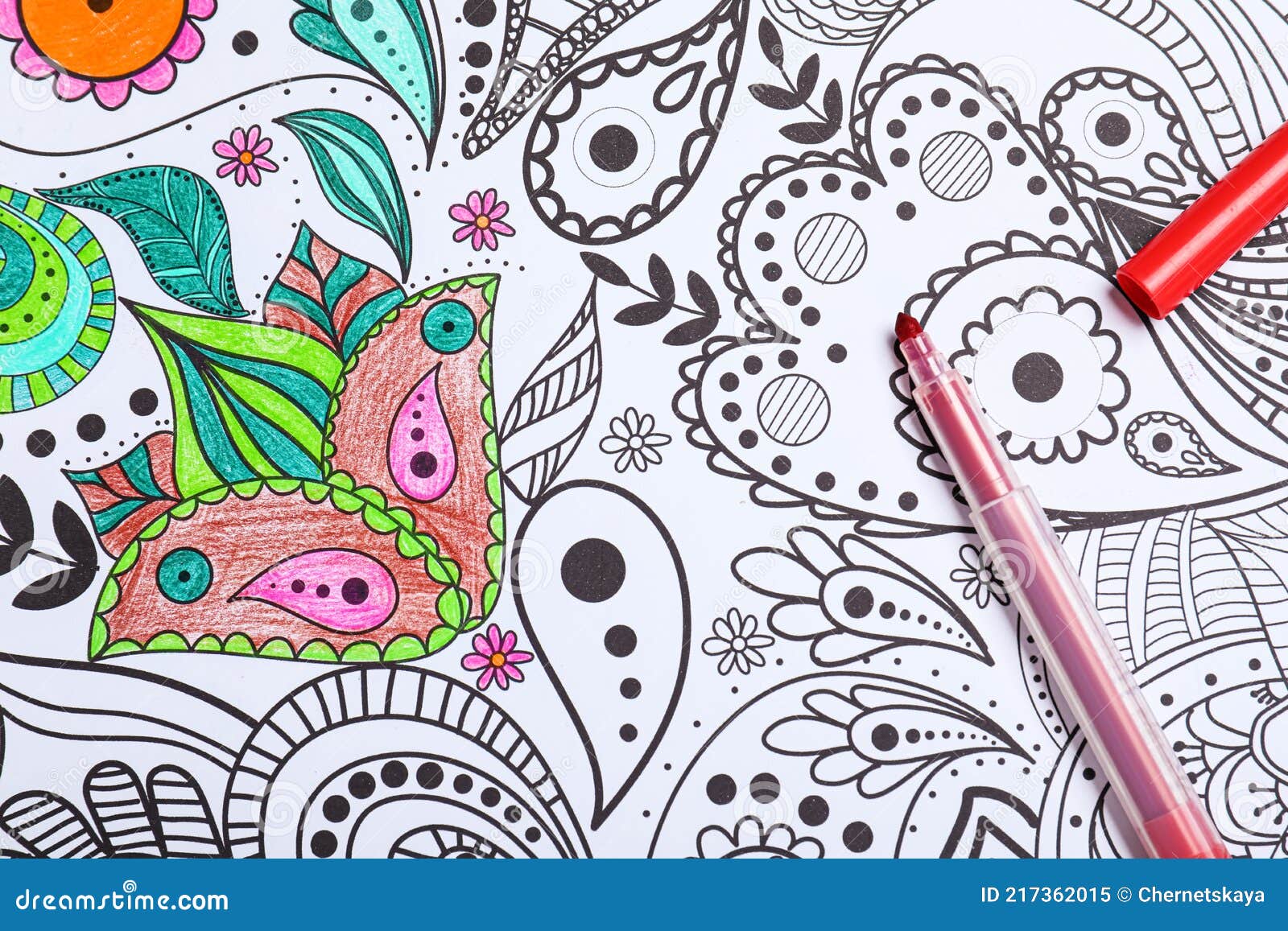 Felt Tip Pen on Antistress Coloring Page, Top View Stock Image - Image ...