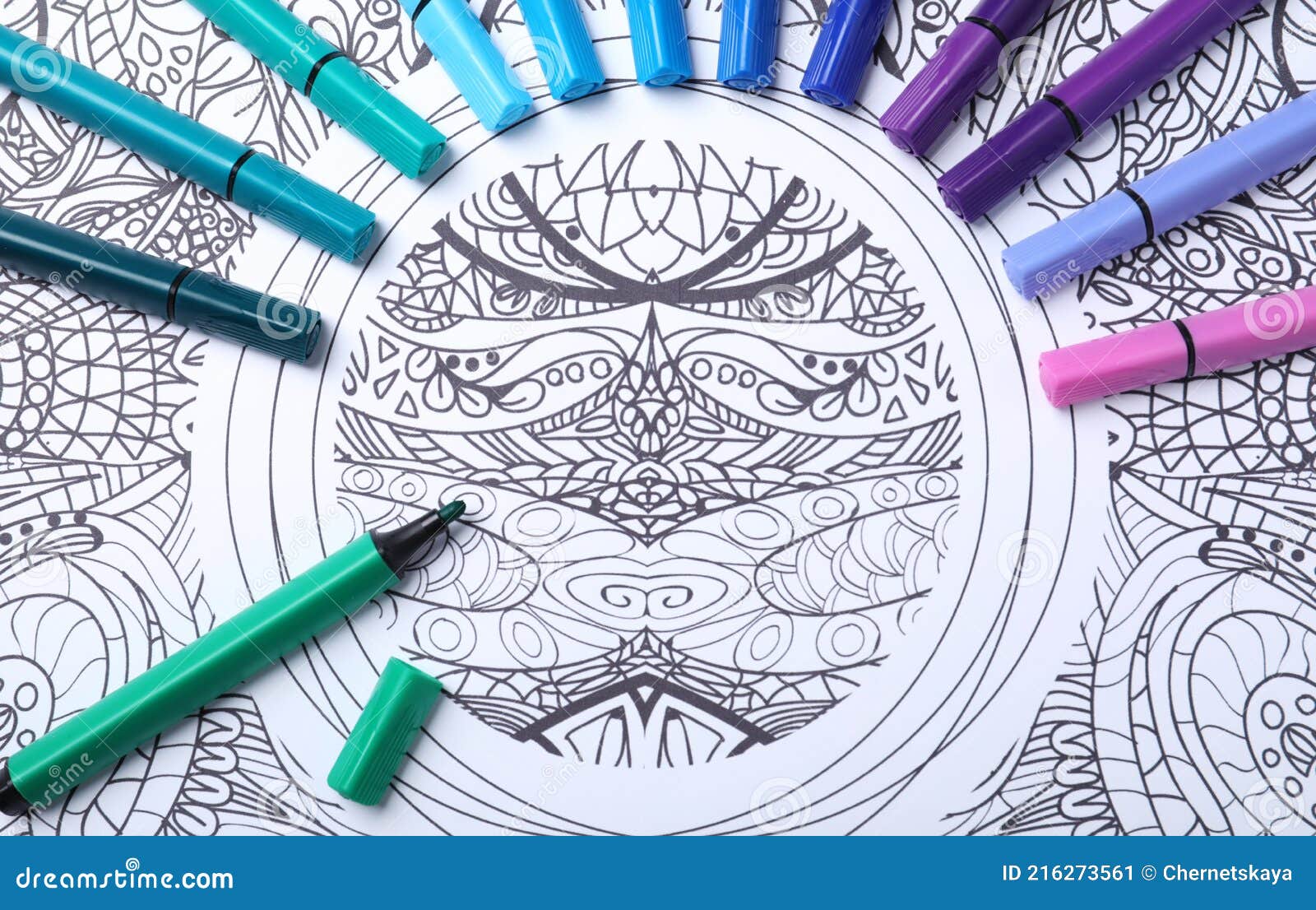 Felt Tip Pens on Antistress Coloring Page, Top View Stock Image - Image ...