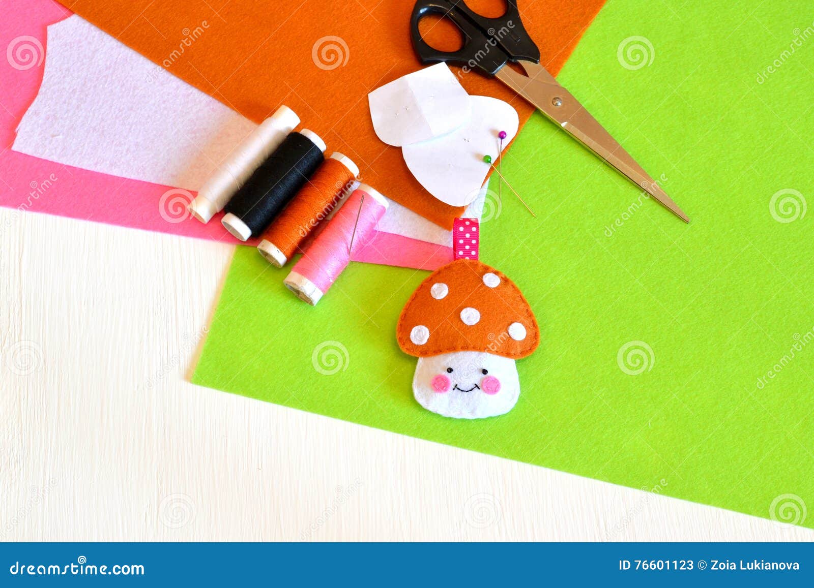 Felt Toy Mushroom, Thread, Needle, Scissors. Tutorial Stock Image ...