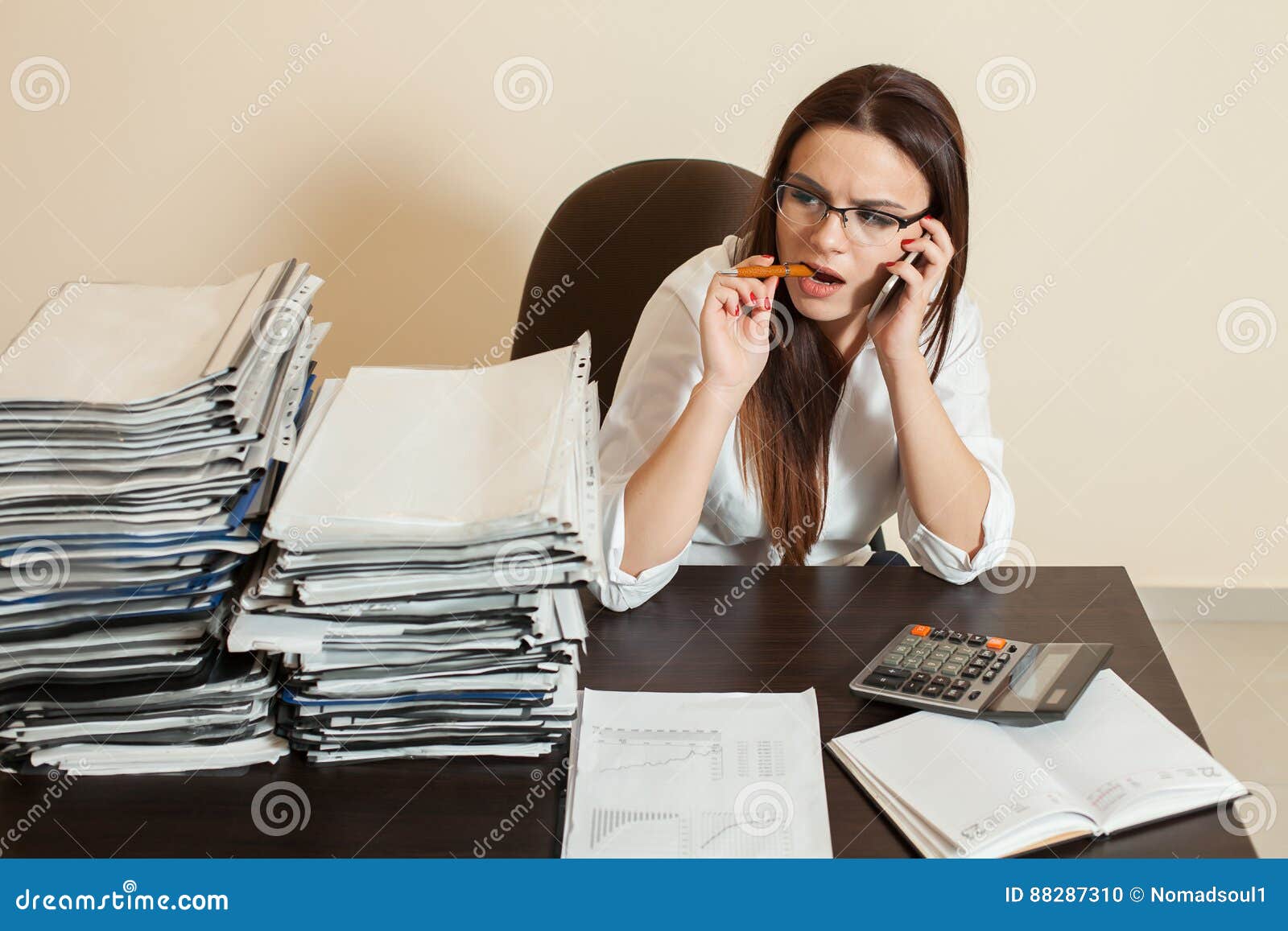 Female Accountant Using Cell Phone at Workplace Stock Photo - Image of ...