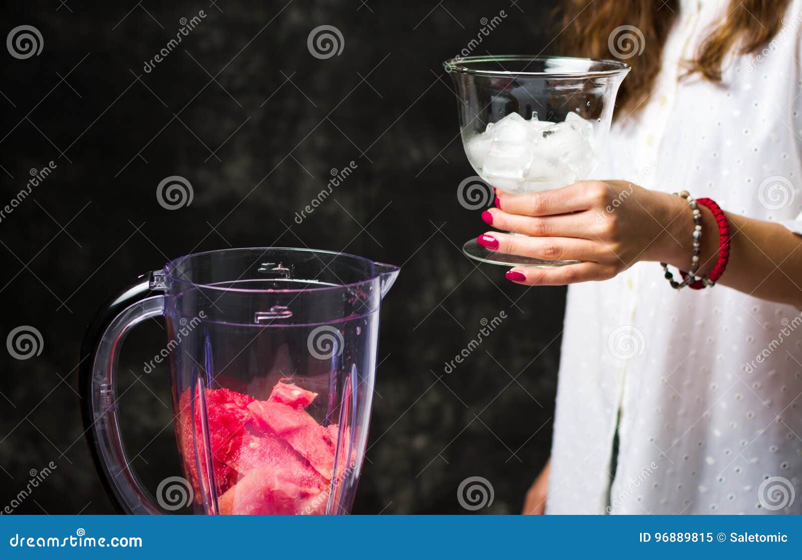 Female Adding Ice into Blender with Watermelon Stock Image - Image of ...