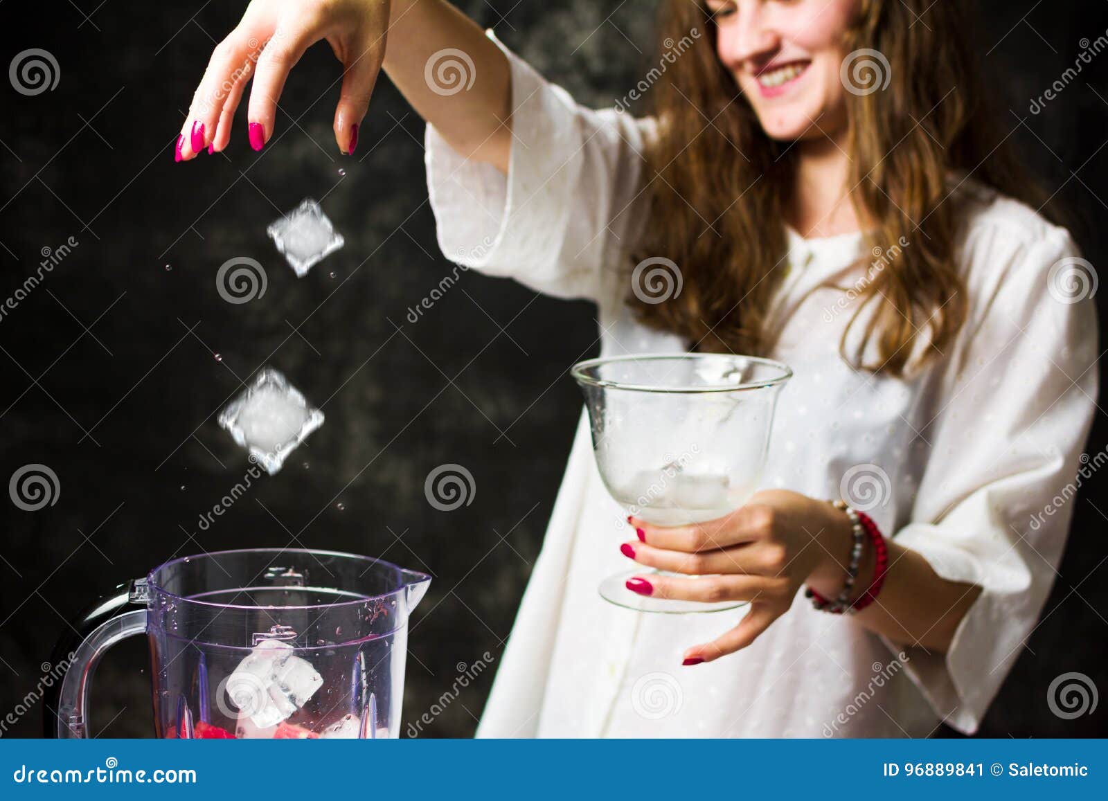 Female Adding Ice into Blender with Watermelon Stock Image - Image of ...