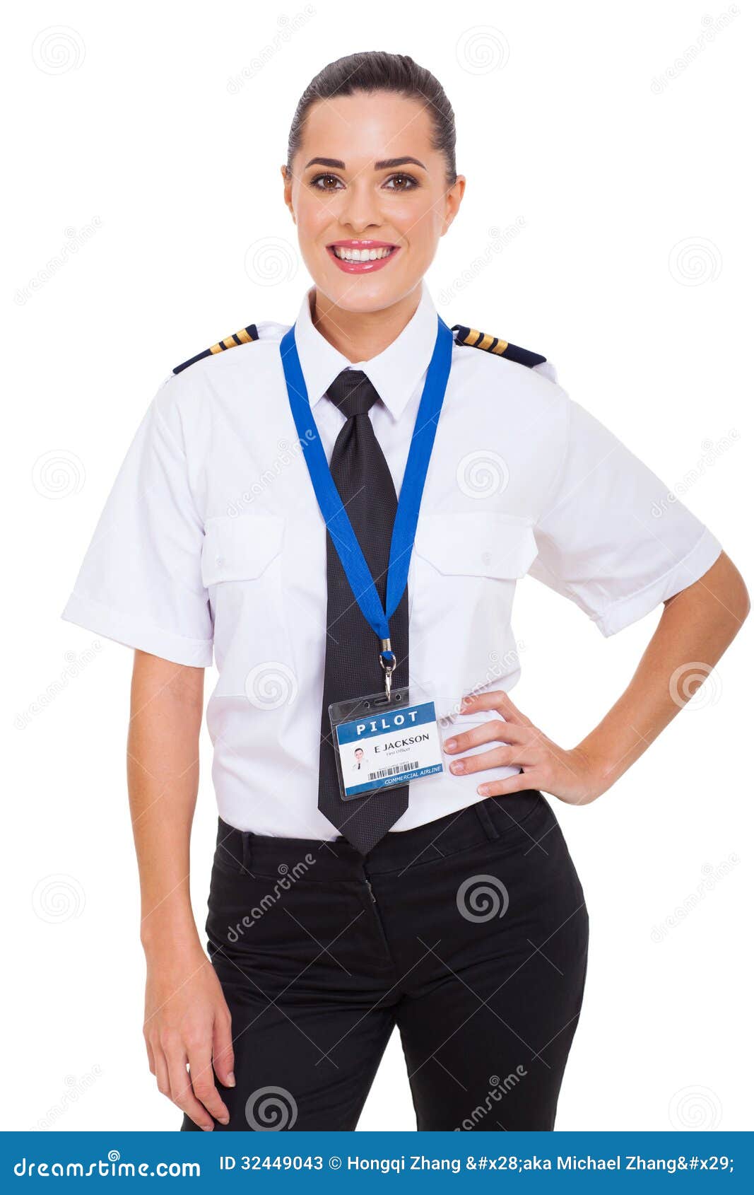 Female airline co-pilot stock image. Image of landyard - 32449043