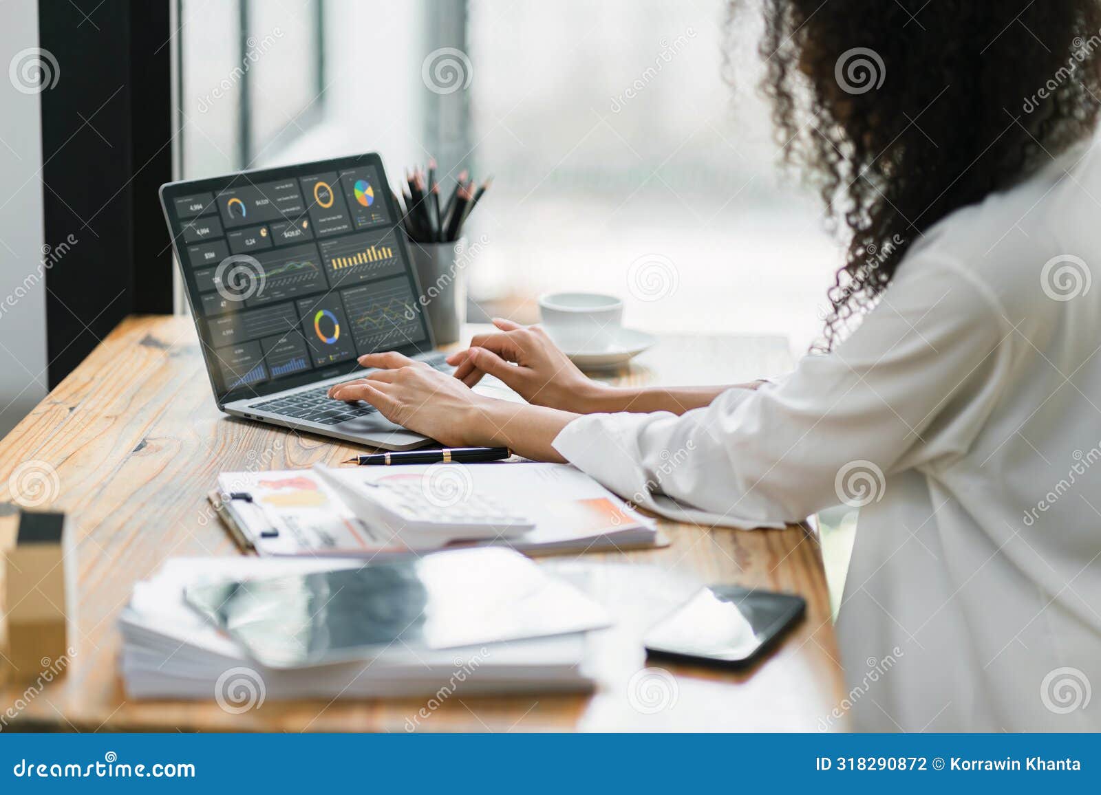 Female Analyst Analyzes KPI Business Analytics Data Dashboard ... Female Analyst Analyzes KPI Business Analytics Data Dashboard ...