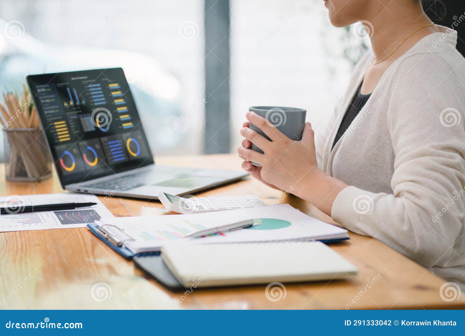 The Female Analyst Utilizes a Computer and a Dashboard for Business ...