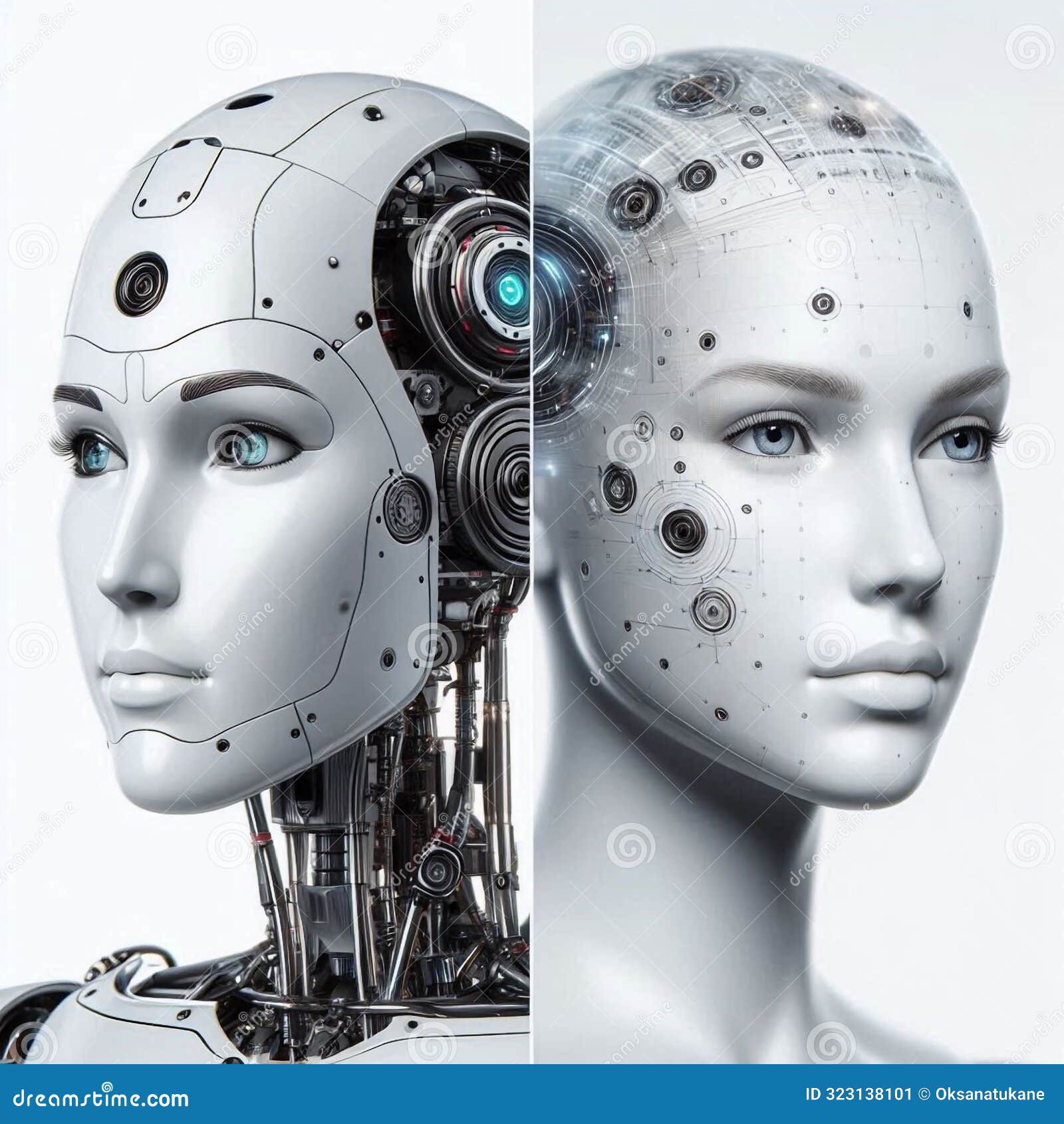 Female Android Robot with AI Head on White Background. Female Android ... Female Android Robot with AI Head on White Background. Female Android ...