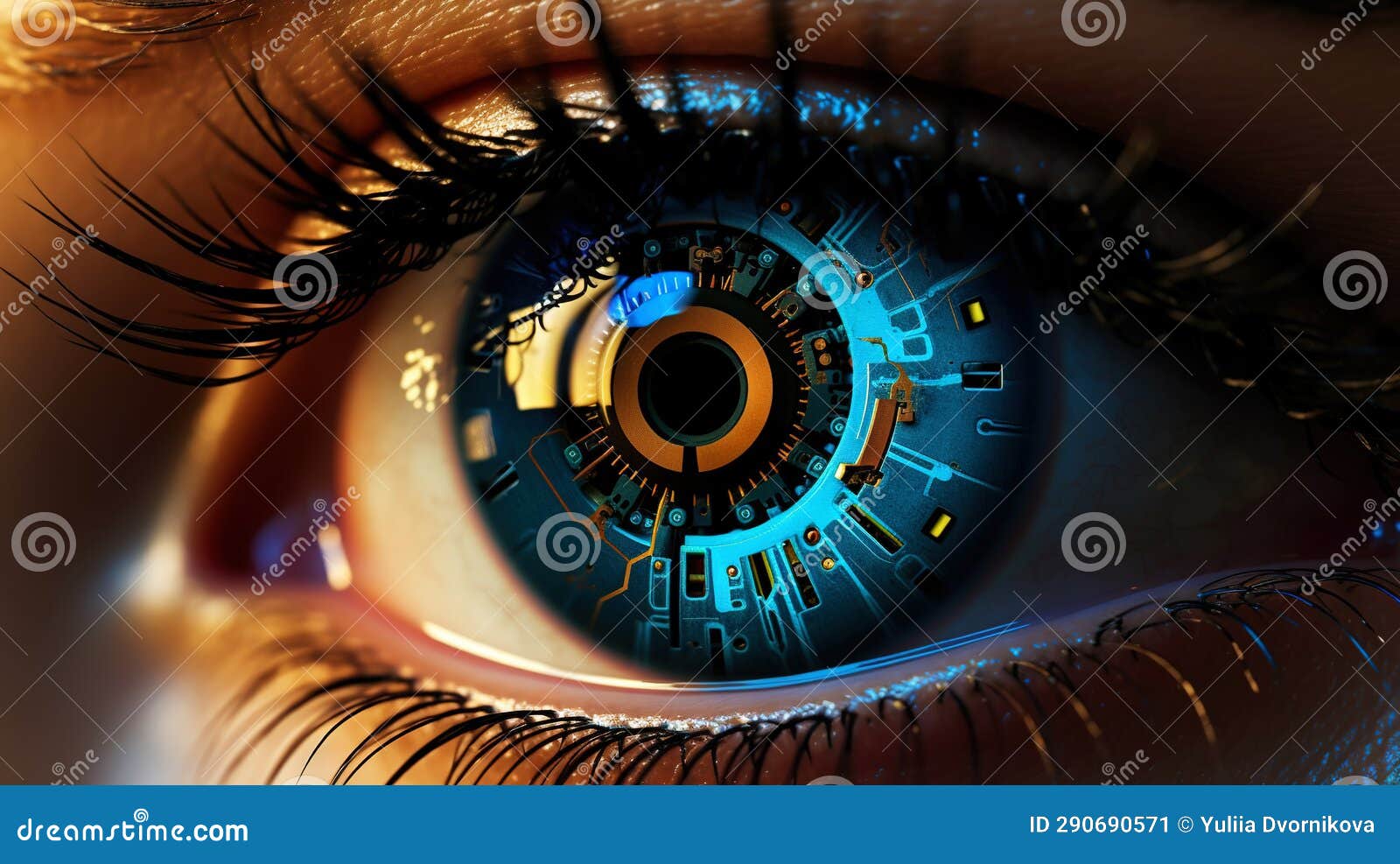 Female Android Robot Eye Close Up. Digital Iris of Cyber Woman. Bionic ...