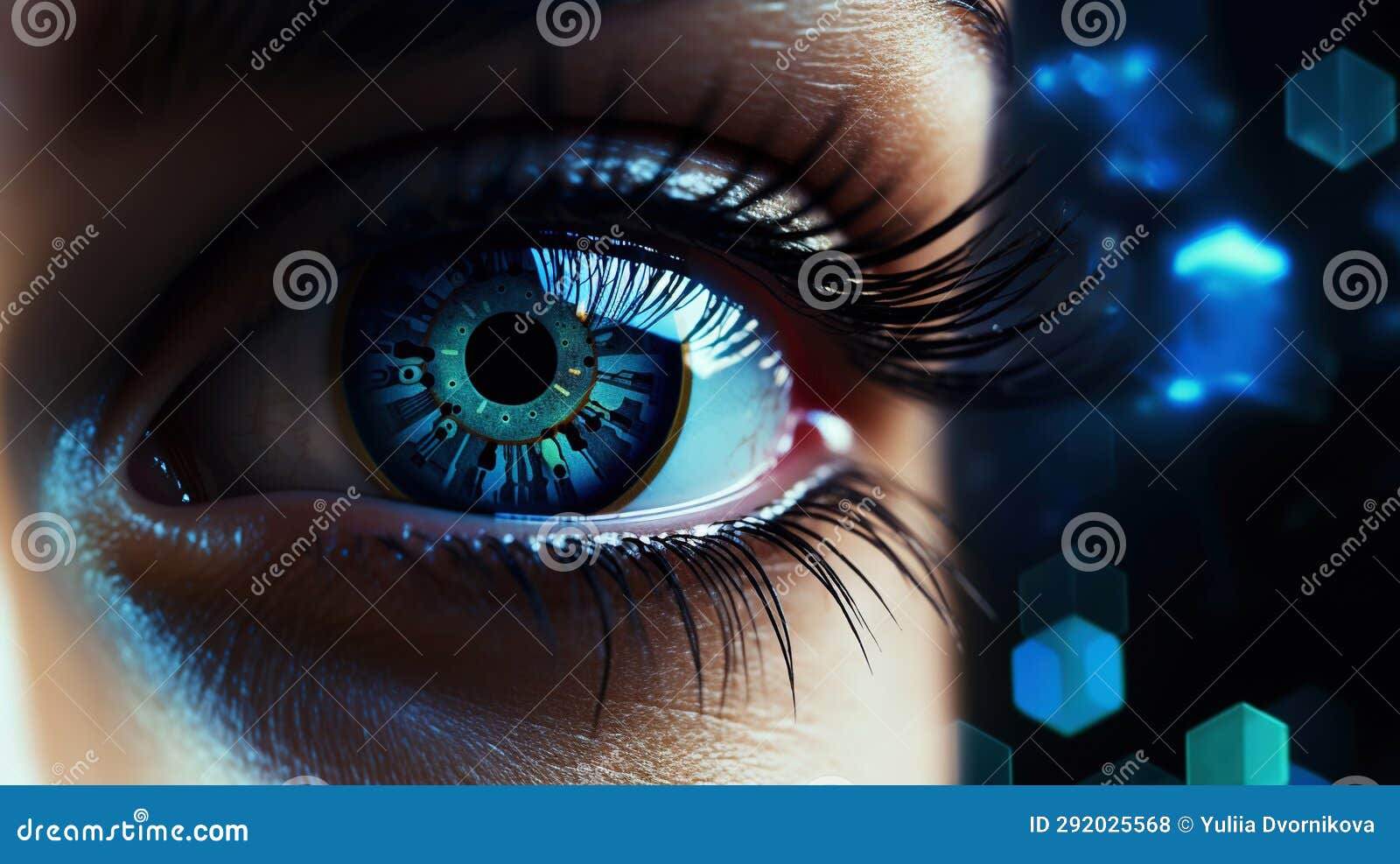 Female Android Robot Eye Close Up. Digital Iris of Cyber Woman. Bionic ...