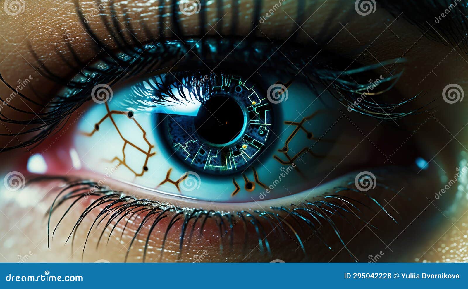 Female Android Robot Eye Close Up. Digital Iris of Cyber Woman. Bionic ...